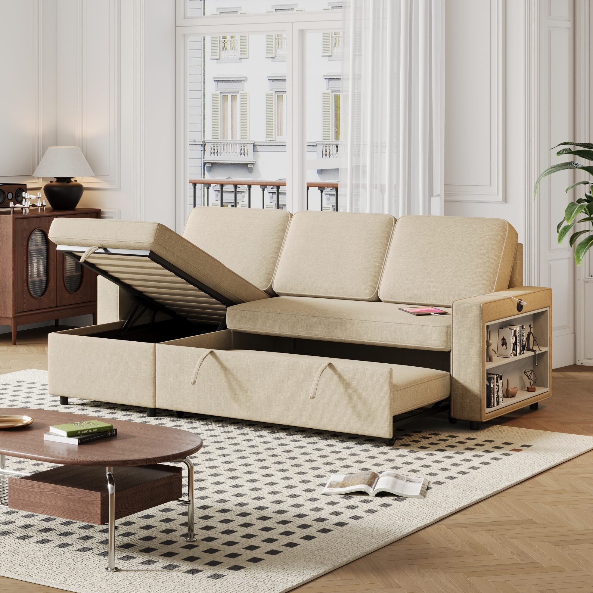 85.8" Pull Out Sleeper Sofa, L-Shaped Couch Bed with Storage Chaise ...