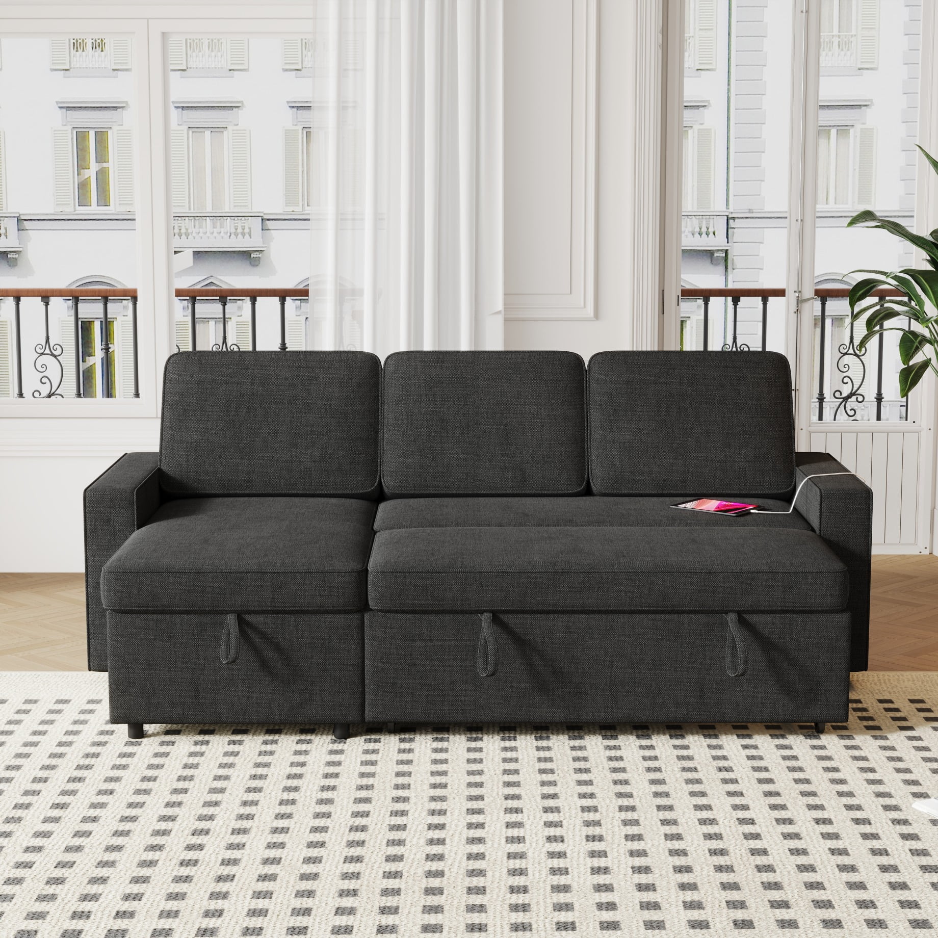 85.8" Pull Out Sleeper Sofa, L-Shaped Couch Bed with Storage Chaise ...
