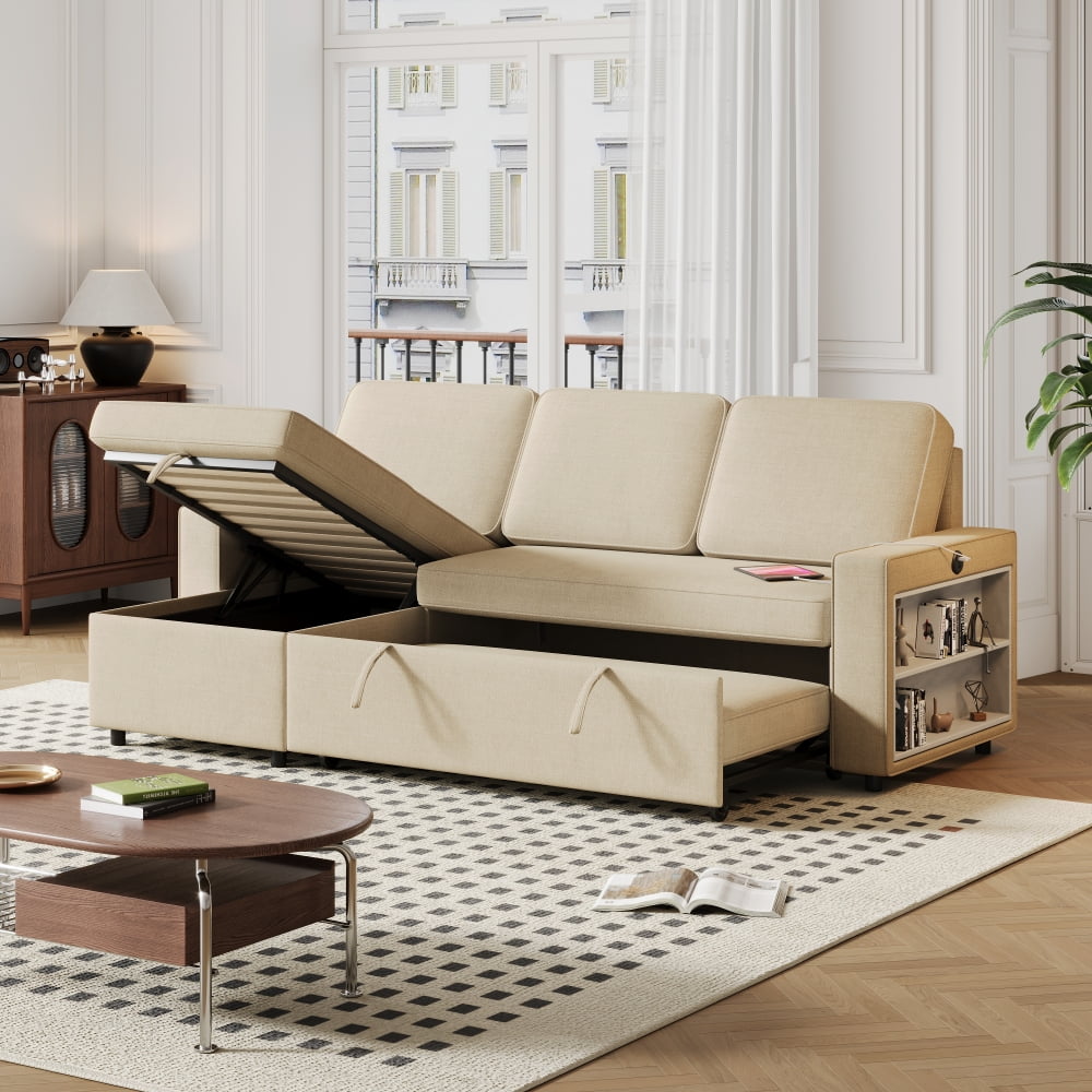 85.8" Pull Out Sleeper Sofa L-Shaped Couch Convertible Sofa Bed with ...