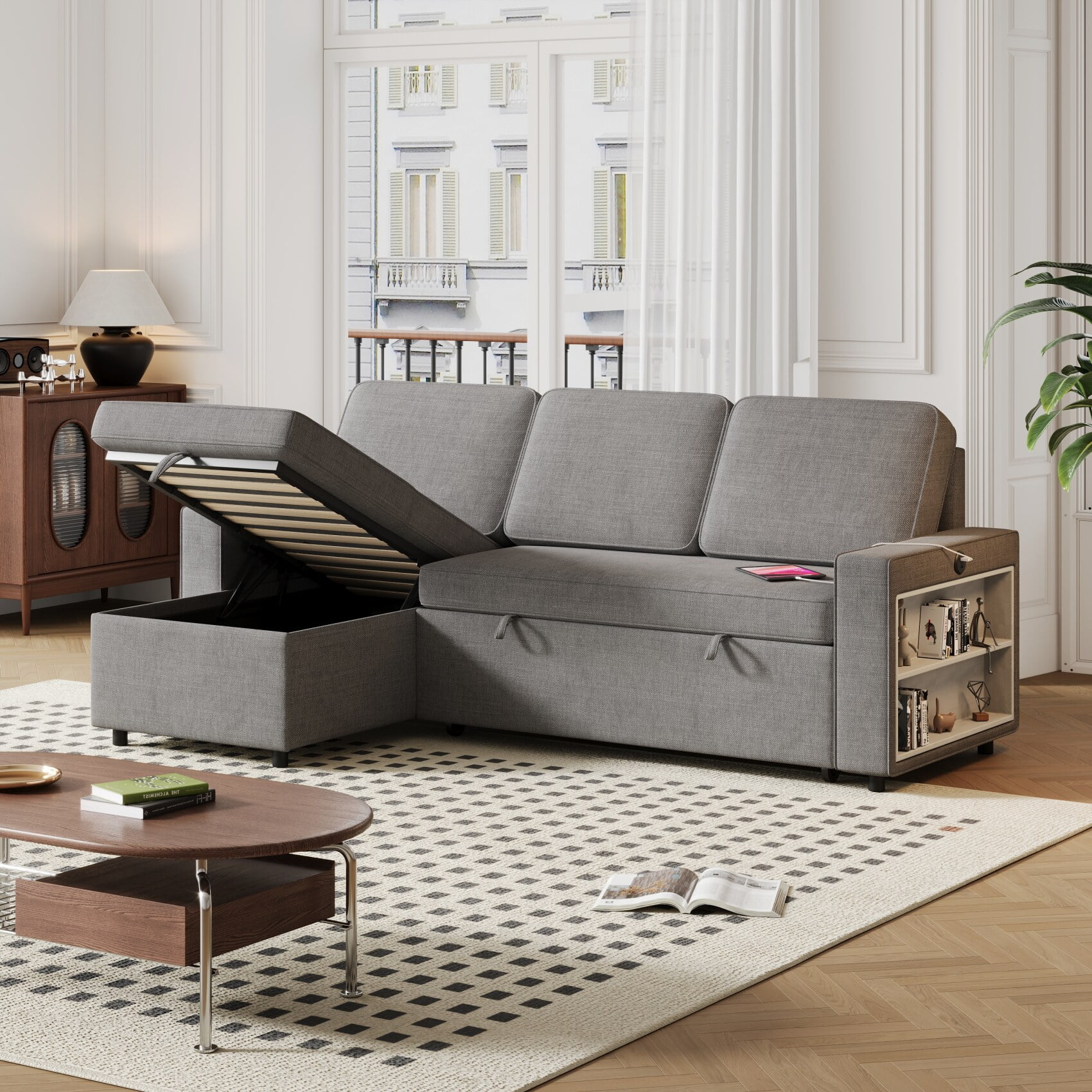 85.8" Pull Out Sleeper Sofa, L-Shaped Couch with Storage Chaise And ...