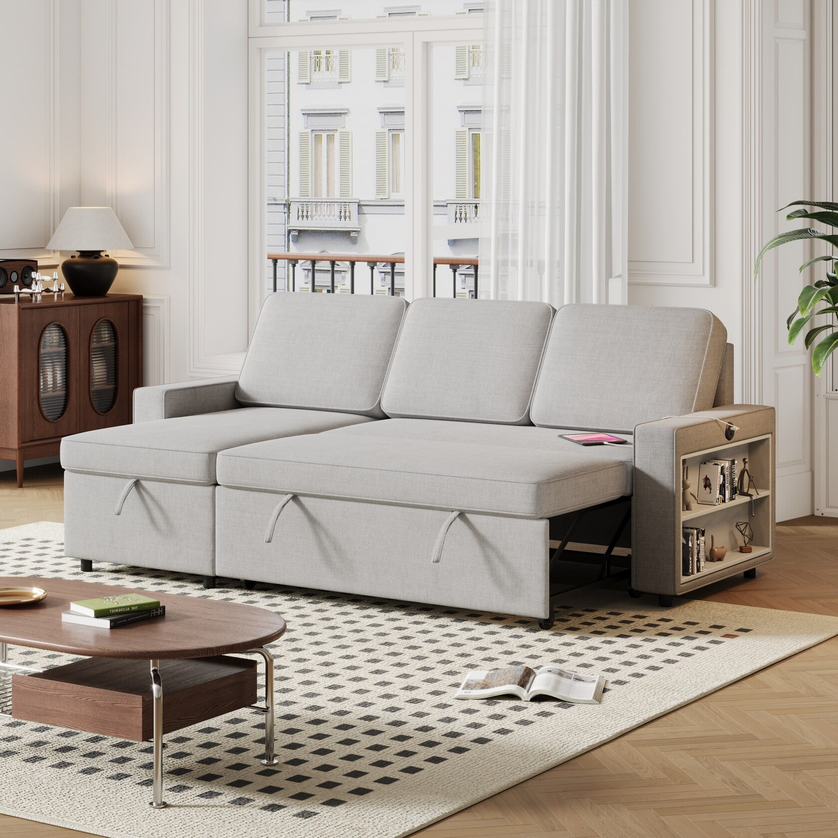 85.8" Pull Out Sleeper Sofa, L-Shaped Couch with Storage Chaise And ...