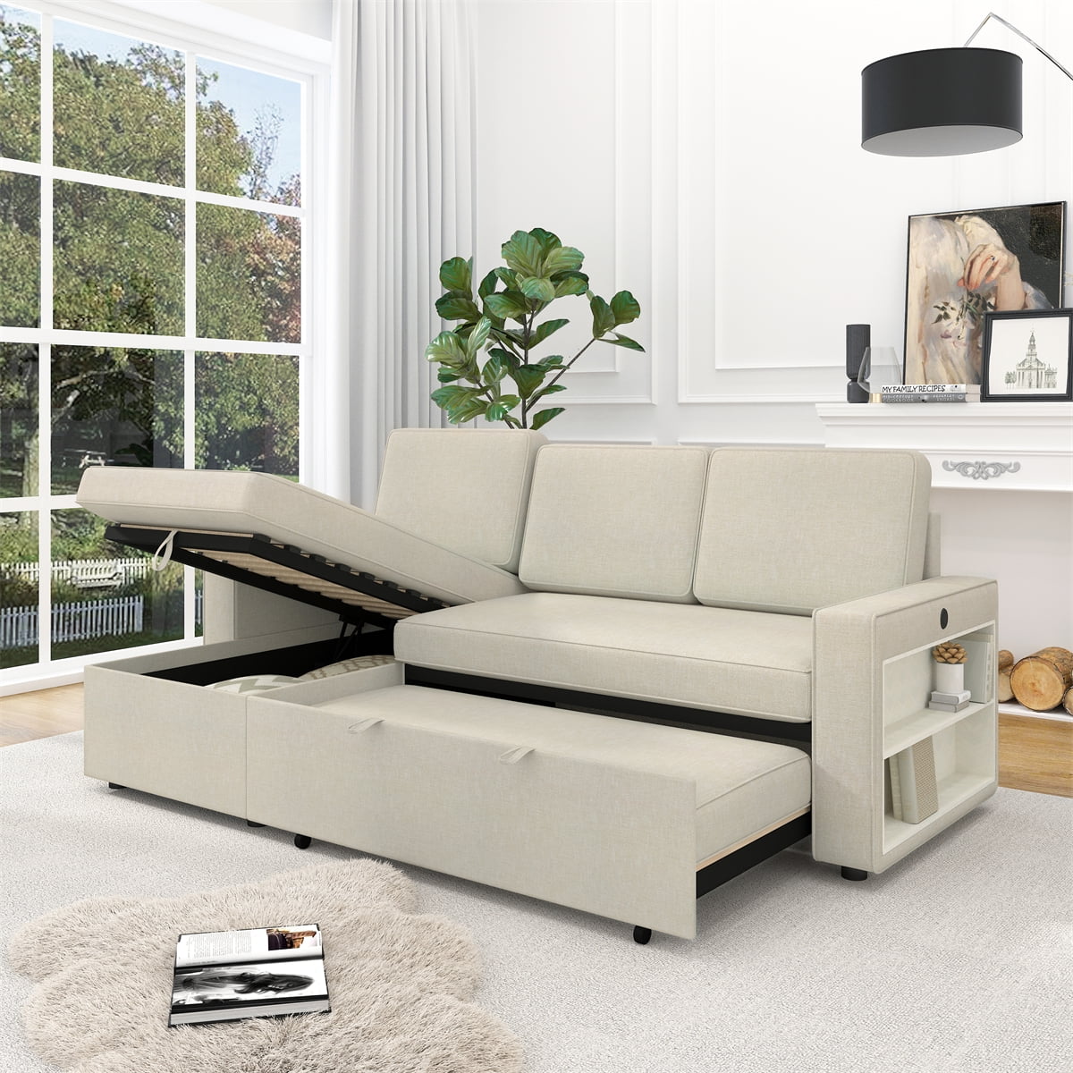 85.8" Pull Out Sleeper Sofa with Storage Racks, L-Shaped Convertible ...