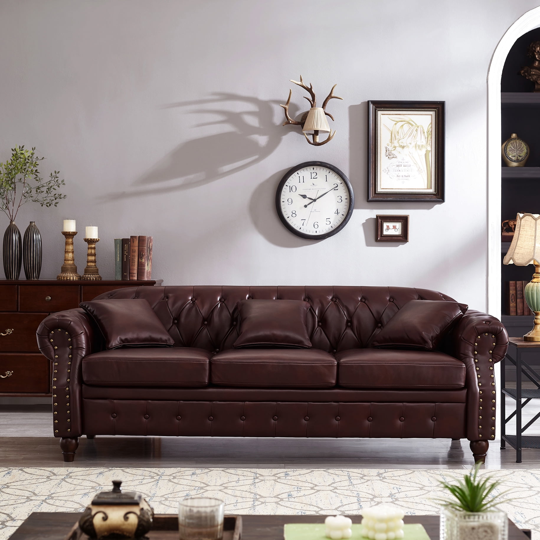 85.8" With Storage Space, Classic American Style, Faux Leather Pu Upholstery, Solid Wood ...