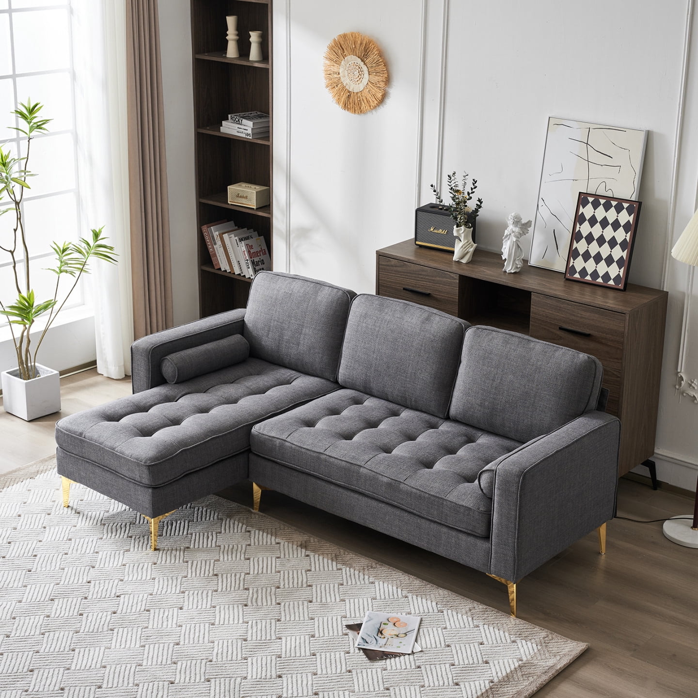 "85"" Dark Gray Burlap Fabric L-Shape Sectional Sofa with Reversible ...