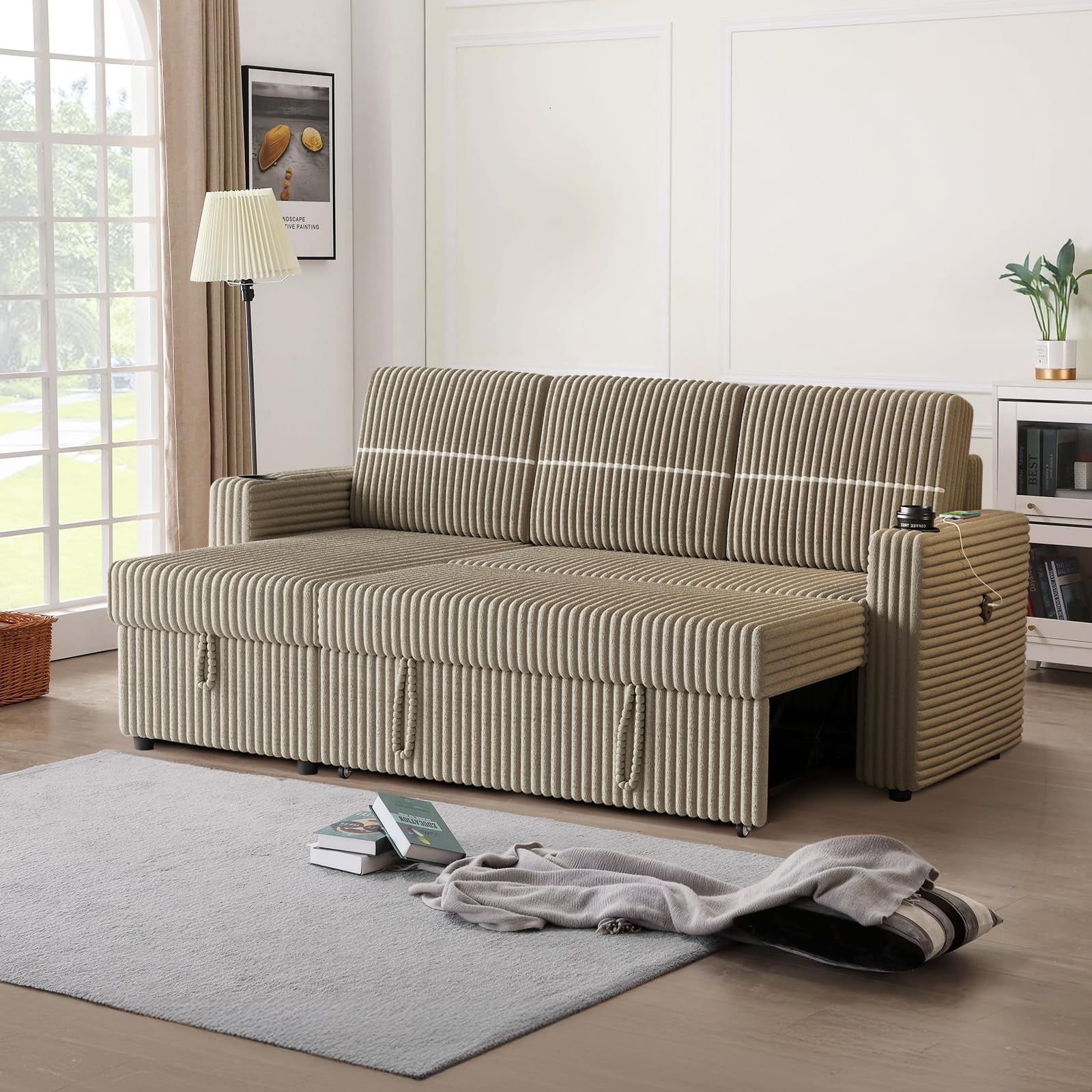 85" Corduroy Sofa Bed with Storage Chaise, L Shaped 3 Seat Sectional ...
