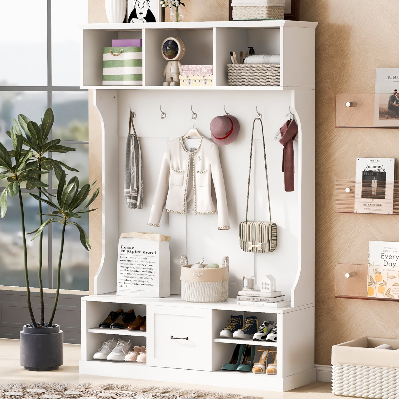 85" Hall Tree with Bench and Shoe Storage, Large Entryway Bench with 6 ...