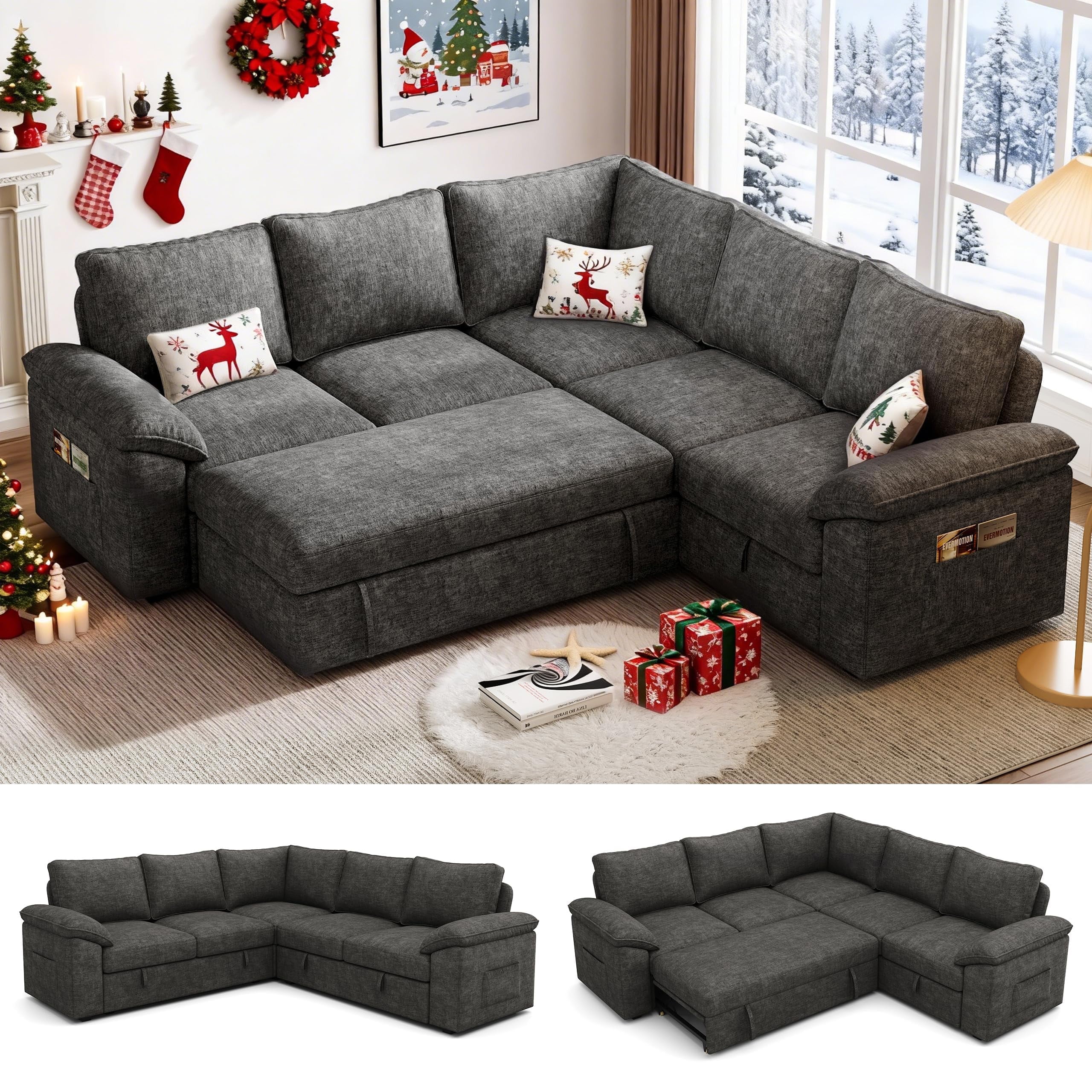 85 Inch Modular Sectional Sofa Couch with Pull Out Bed, L Shaped 5 Seat ...