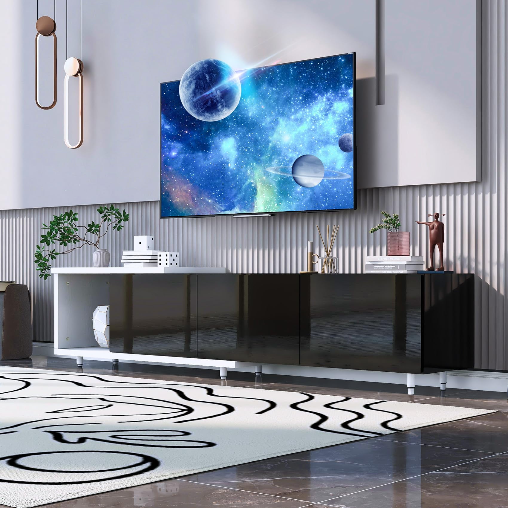 Doredo 85 Inch Modern Black TV Stand with Storage, Open Shelves, Fits ...