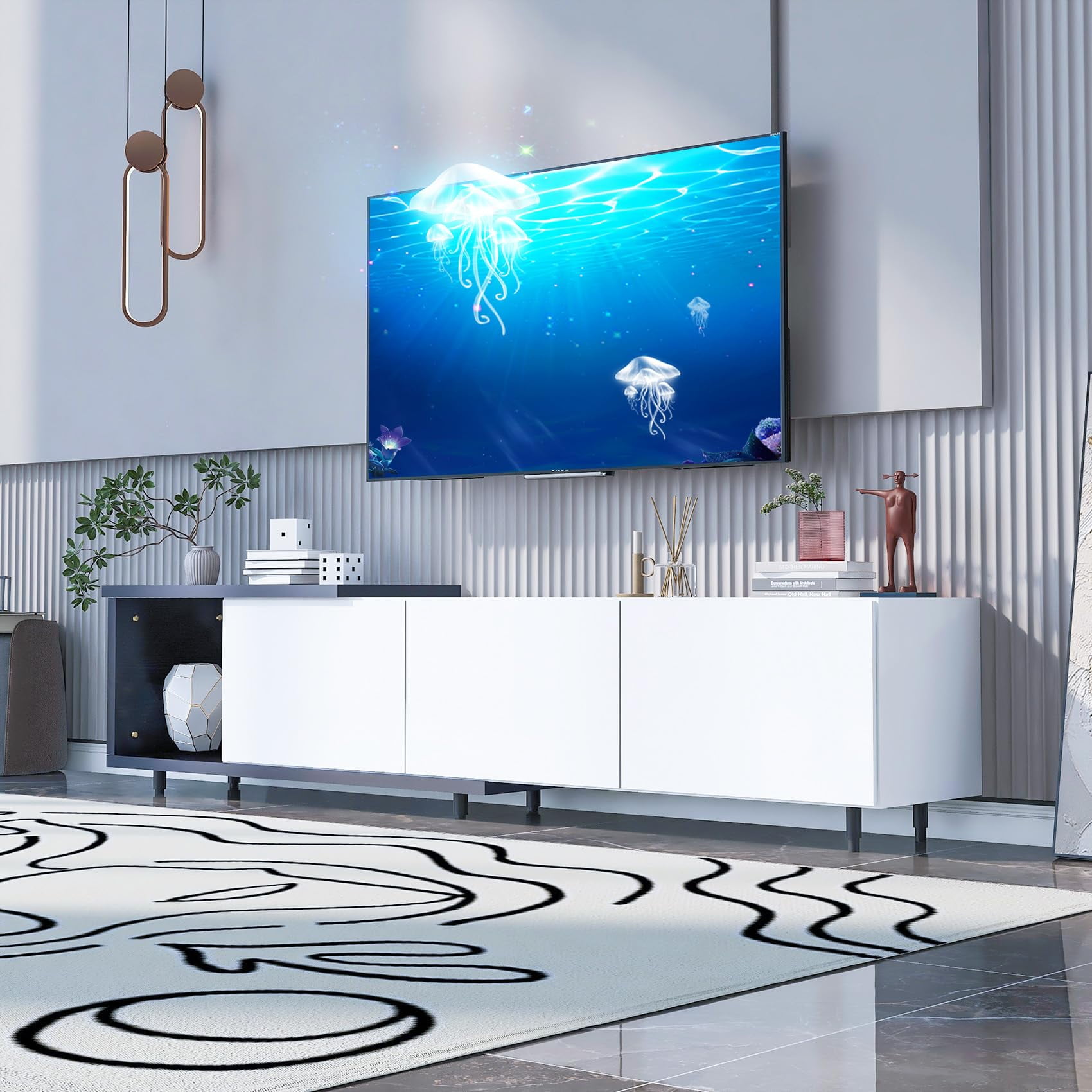 85 Inch TV Stand with Storage Drawer and Open Shelves, Modern White ...