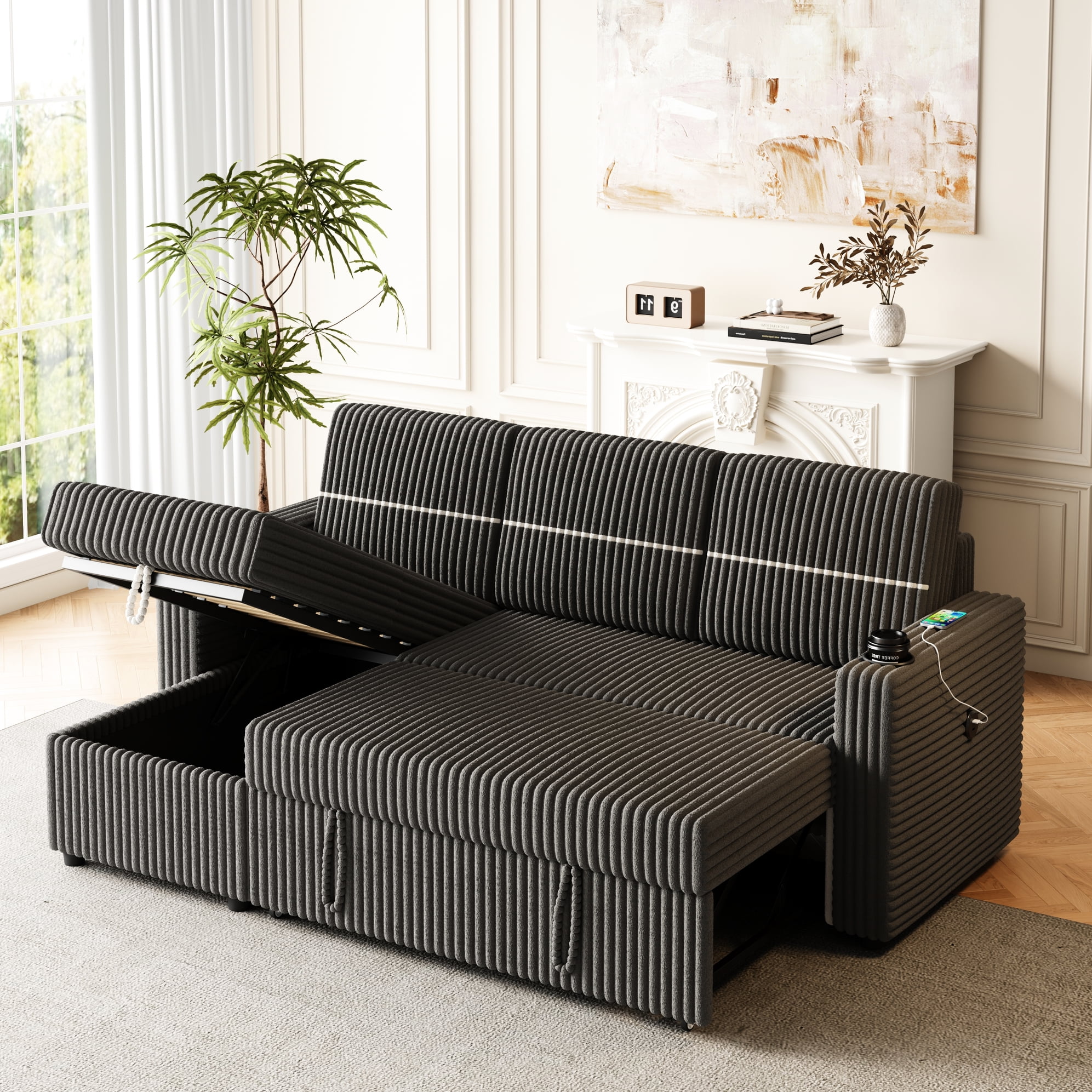 85 Inches Corduroy Sleeper Couch With Soft Fabric, 3 Seater For Living ...