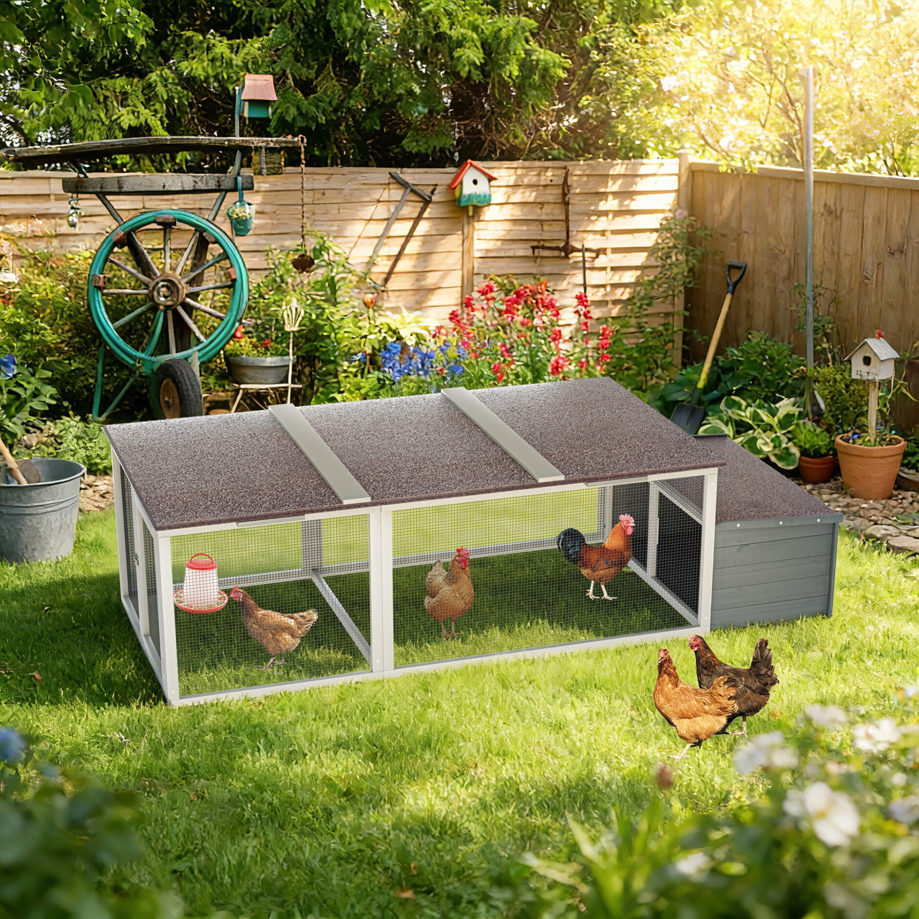 85" Large Chicken Coop with Run, Wooden Hen House with Nesting Box and ...