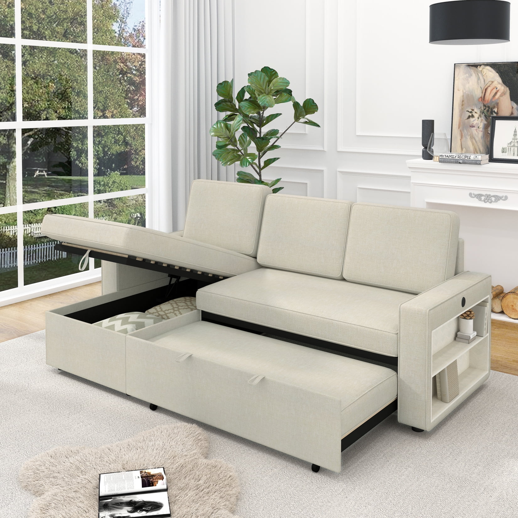 85" Large Convertible Sofa Bed, Pull-Out L-Shaped Sleeper Couch Bed ...