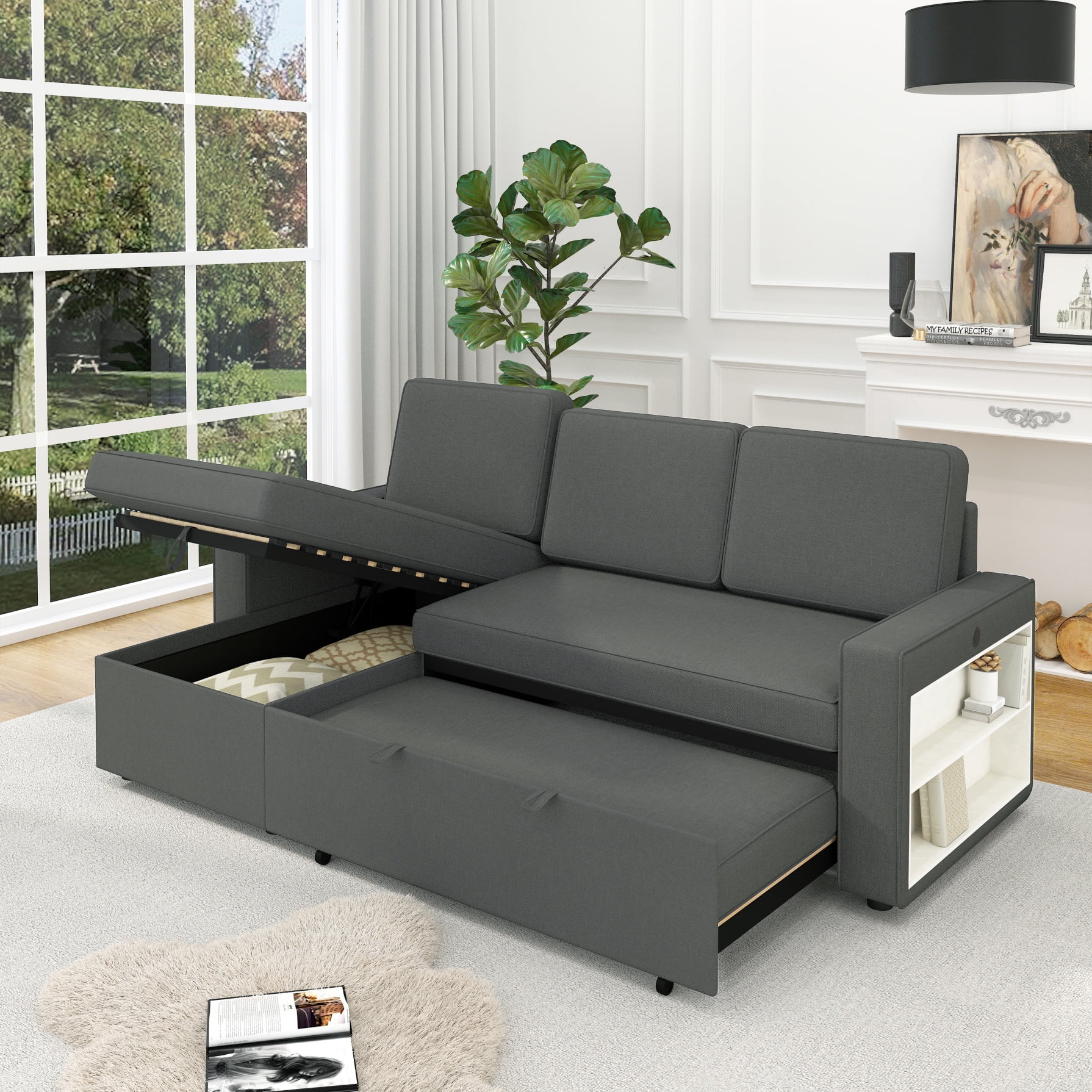 85" Large Convertible Sofa Bed, Pull-Out L-Shaped Sleeper Couch Bed ...