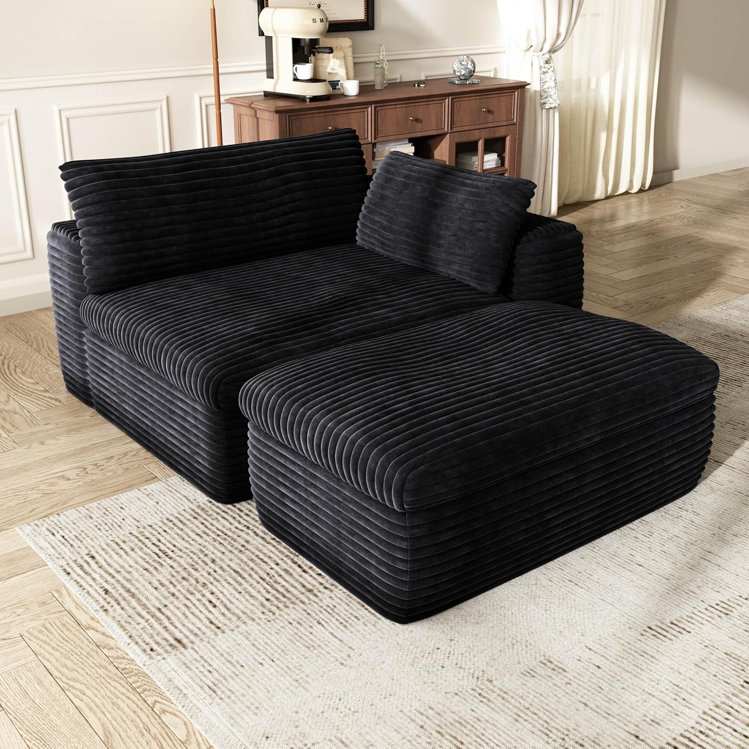 85'' Living Room Sectional Couch with Double Layer Black Plush Corduroy ...
