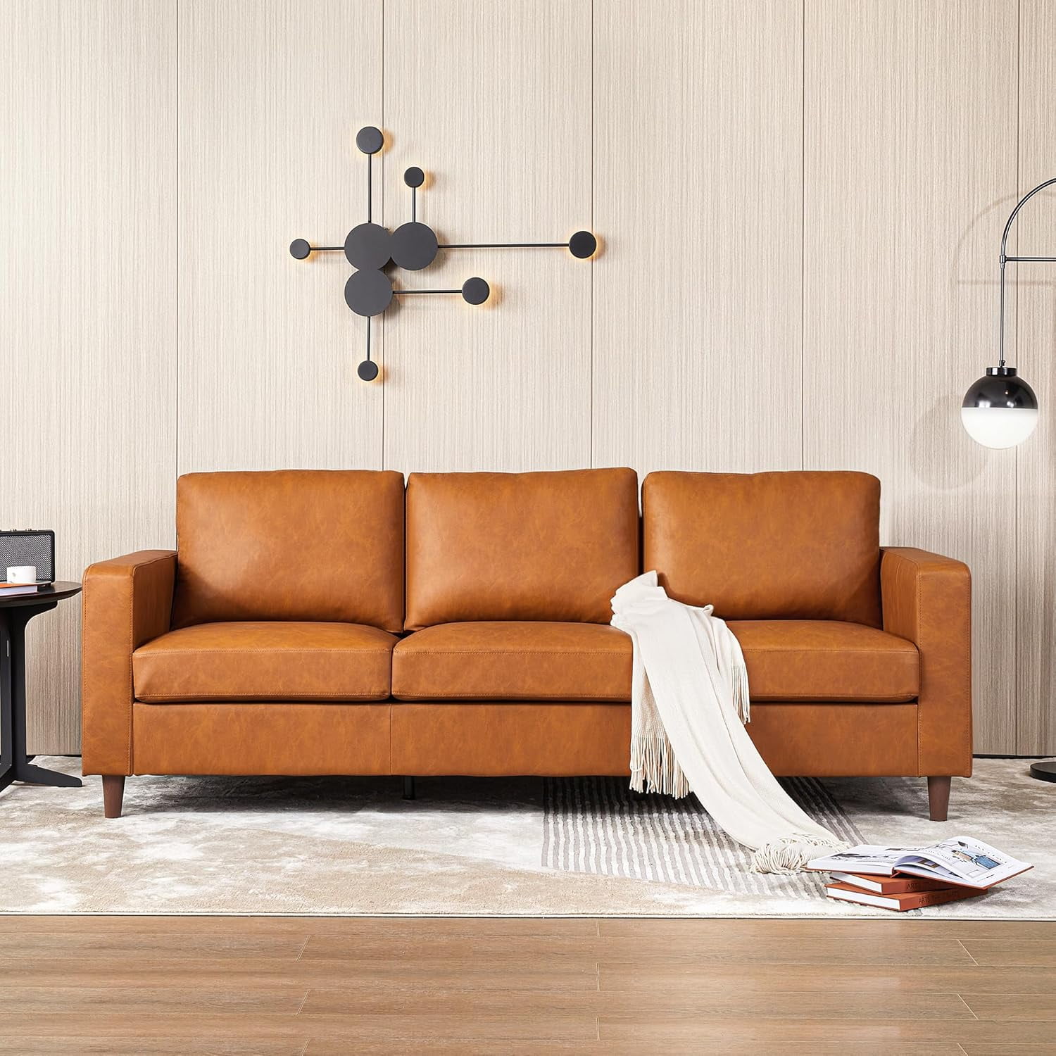 85" Mid-Century Modern Cognac Tan PU Leather Sofa - Deep-Seated 3 ...