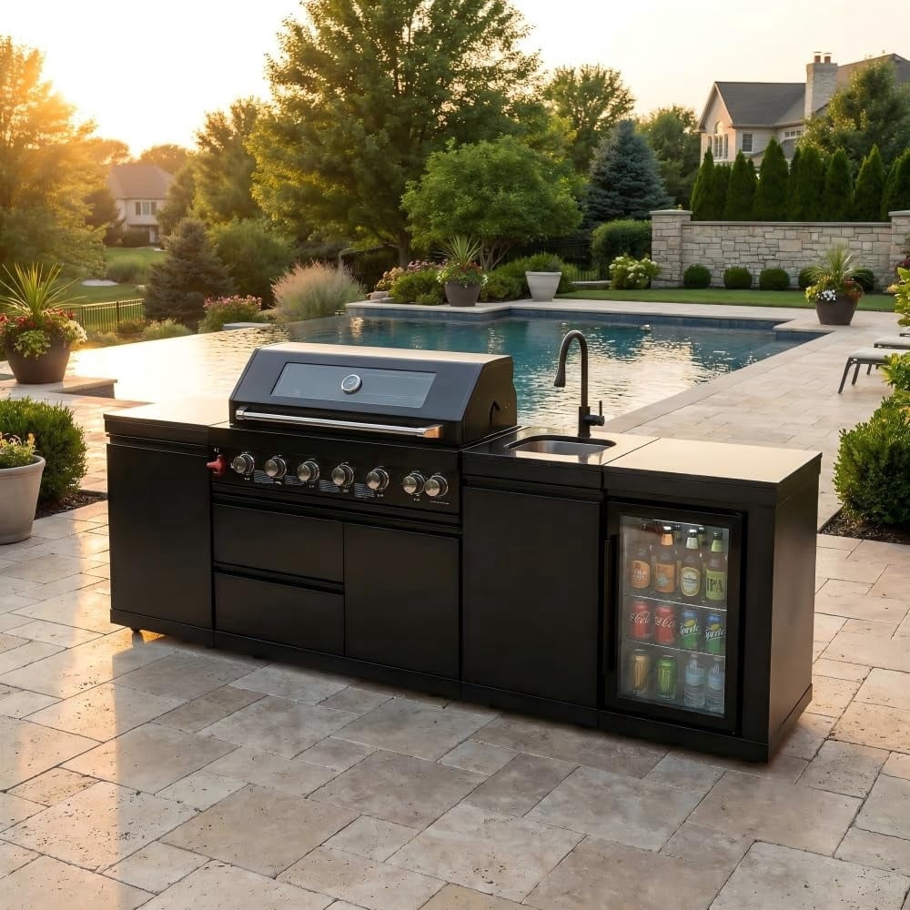102" Modular Outdoor Kitchen Island Propane Gas Grill with Refrigerator ...