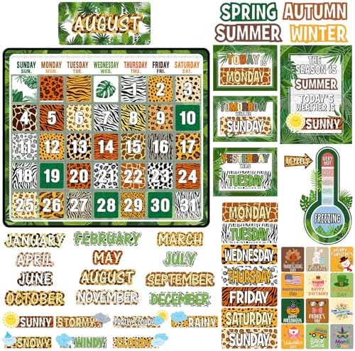 85 Pcs Safari Animal Calendar Bulletin Board Set Jungle Theme Classroom ...