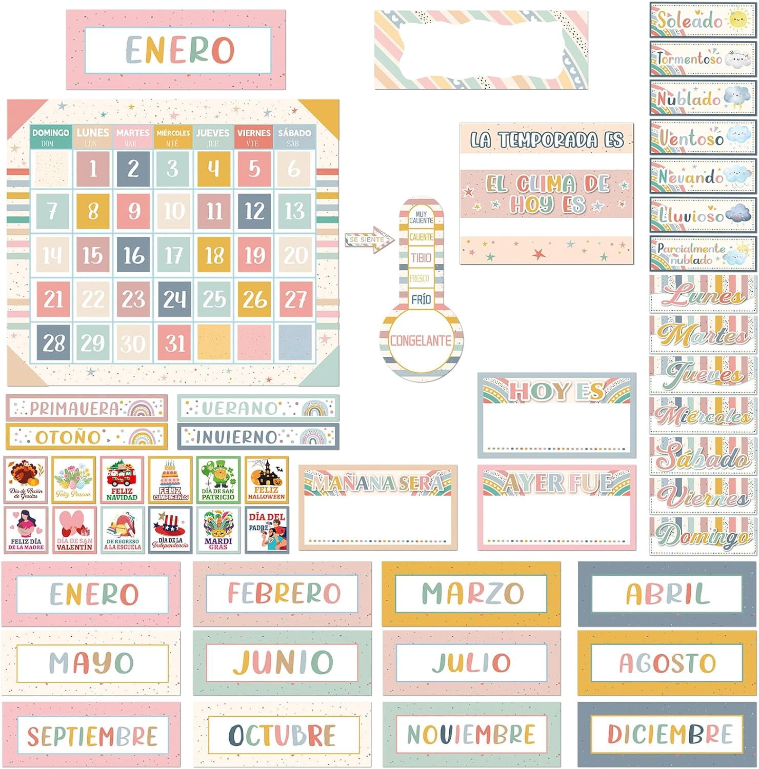 85 Pcs Spanish Classroom Calendar Back to School Bulletin Board Set ...