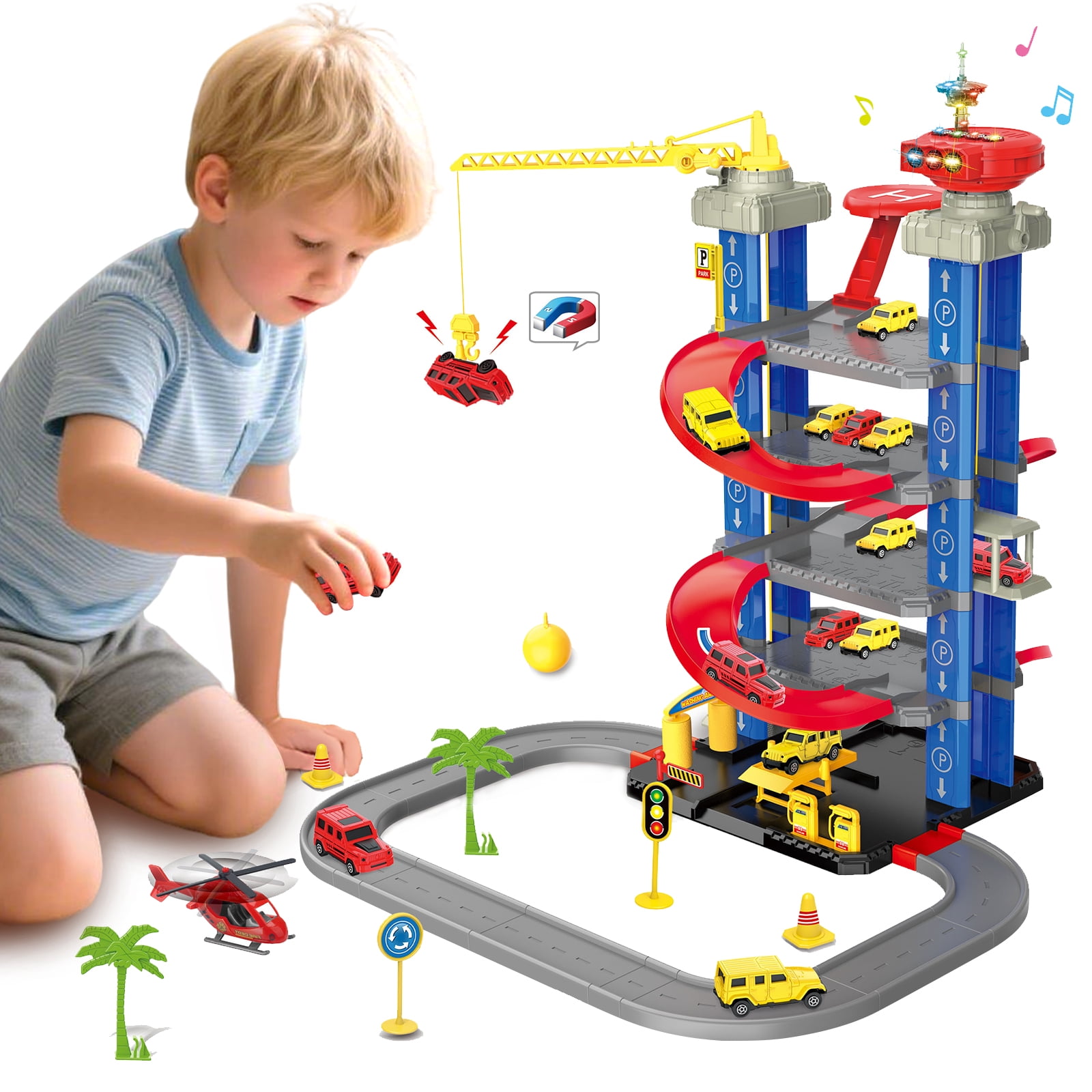 85-Piece Parking Garage Toy & Race Car Track Set with Lights, Sounds, 6 ...