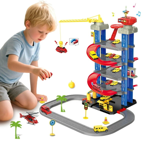 85-Piece Parking Garage Toy & Race Car Track Set with Lights, Sounds, 6 ...