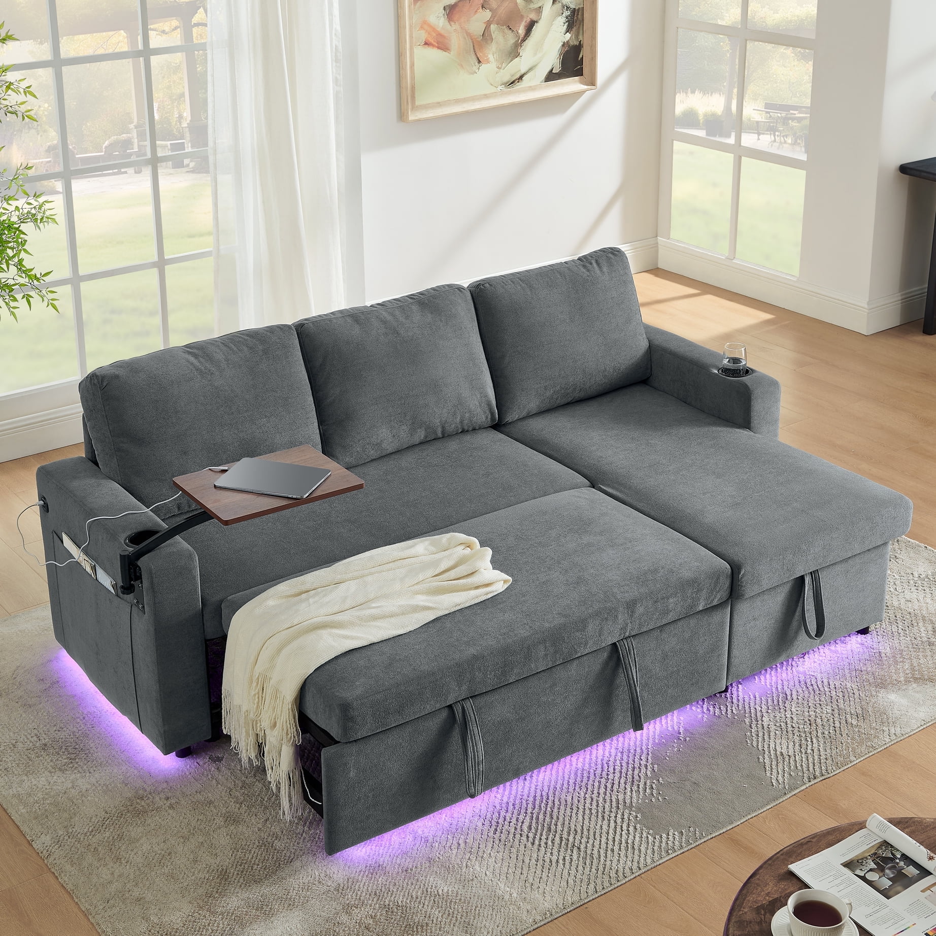 85" Sleeper Sofa, Sectional Couch with Storage Chaise, L Shaped Couch ...