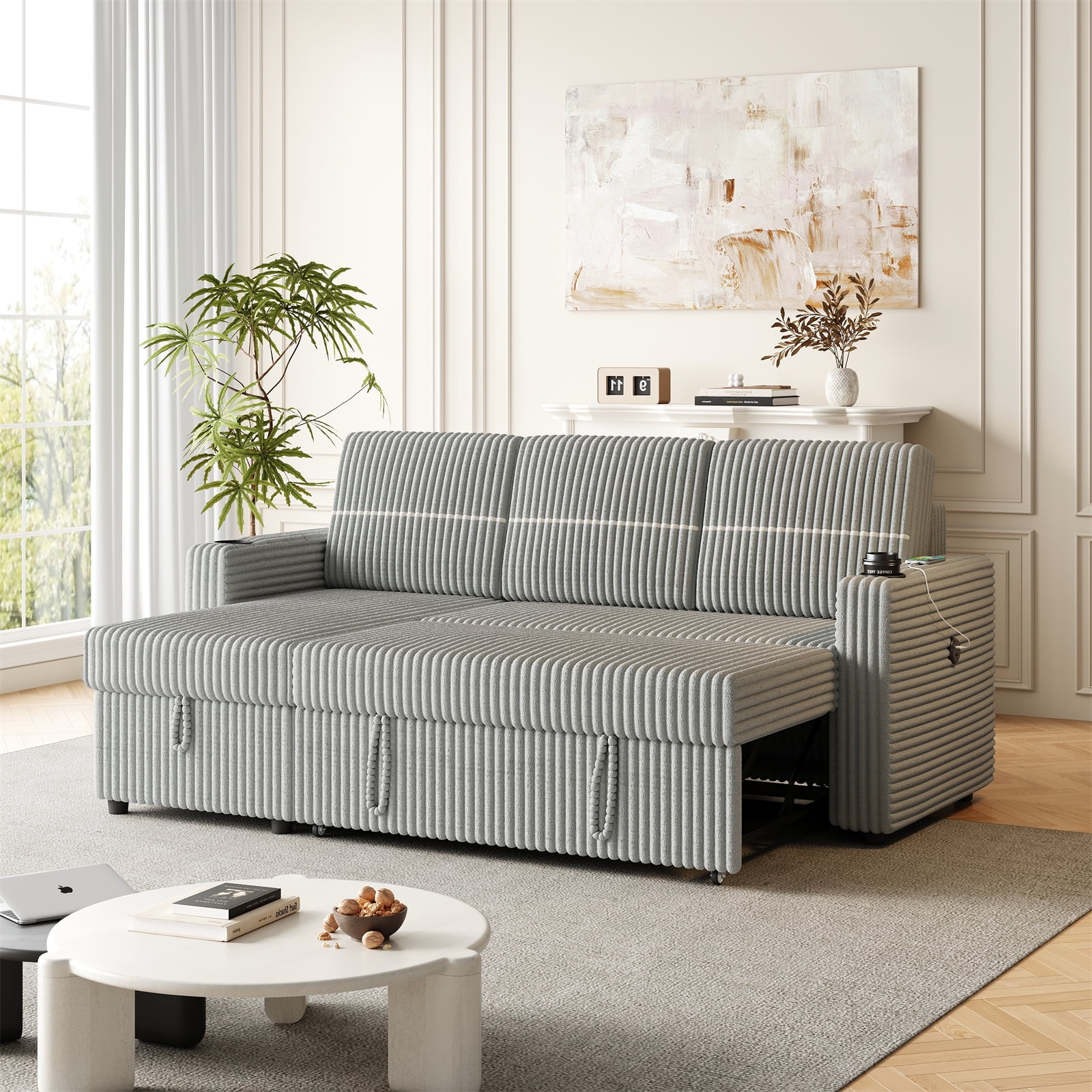 85'' Sofa Bed, Living Room Pull Out Couch with Storage Chaise and Two ...
