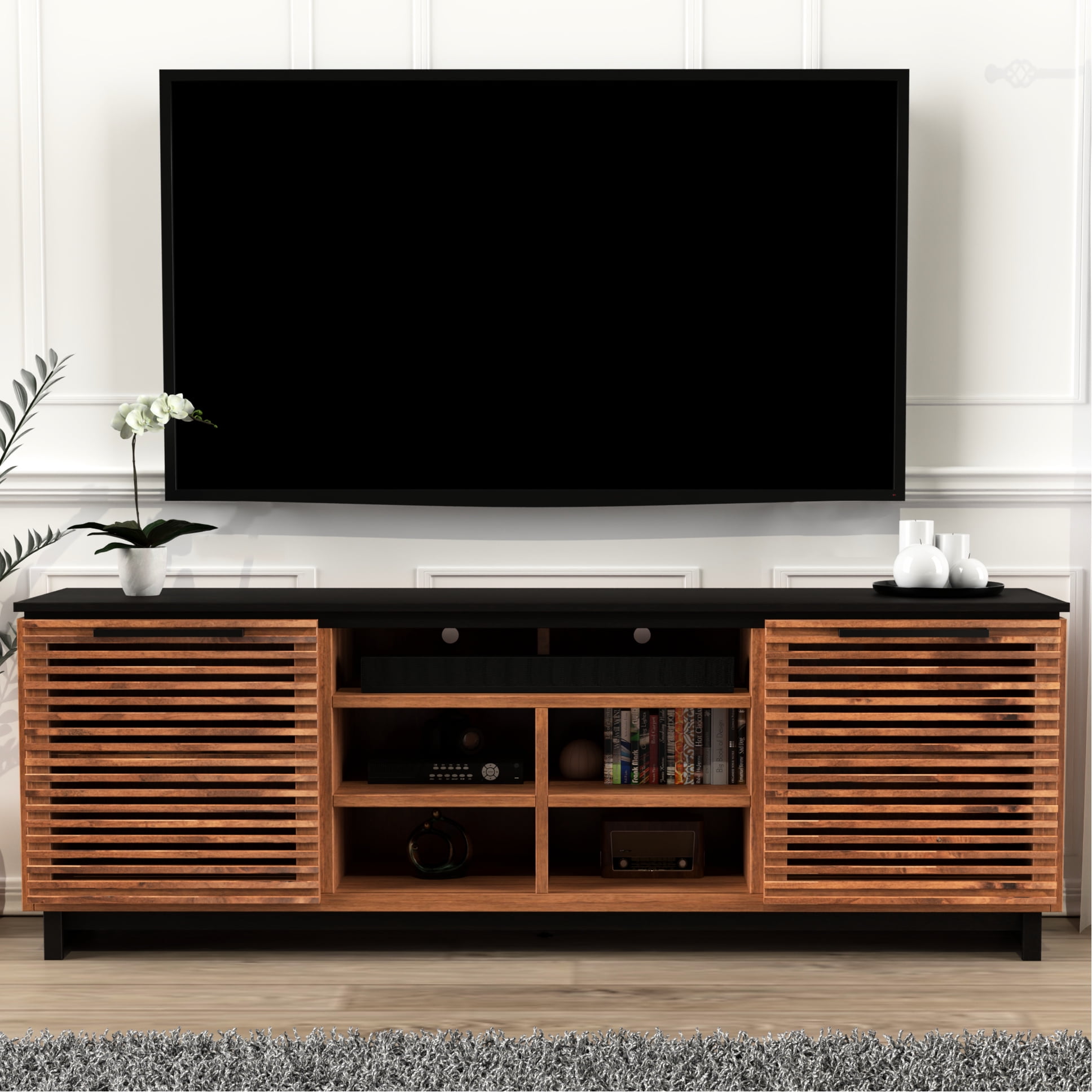 85" Tv Console With Two Doors And Six Fixed Shelves, No Assembly, Up To ...