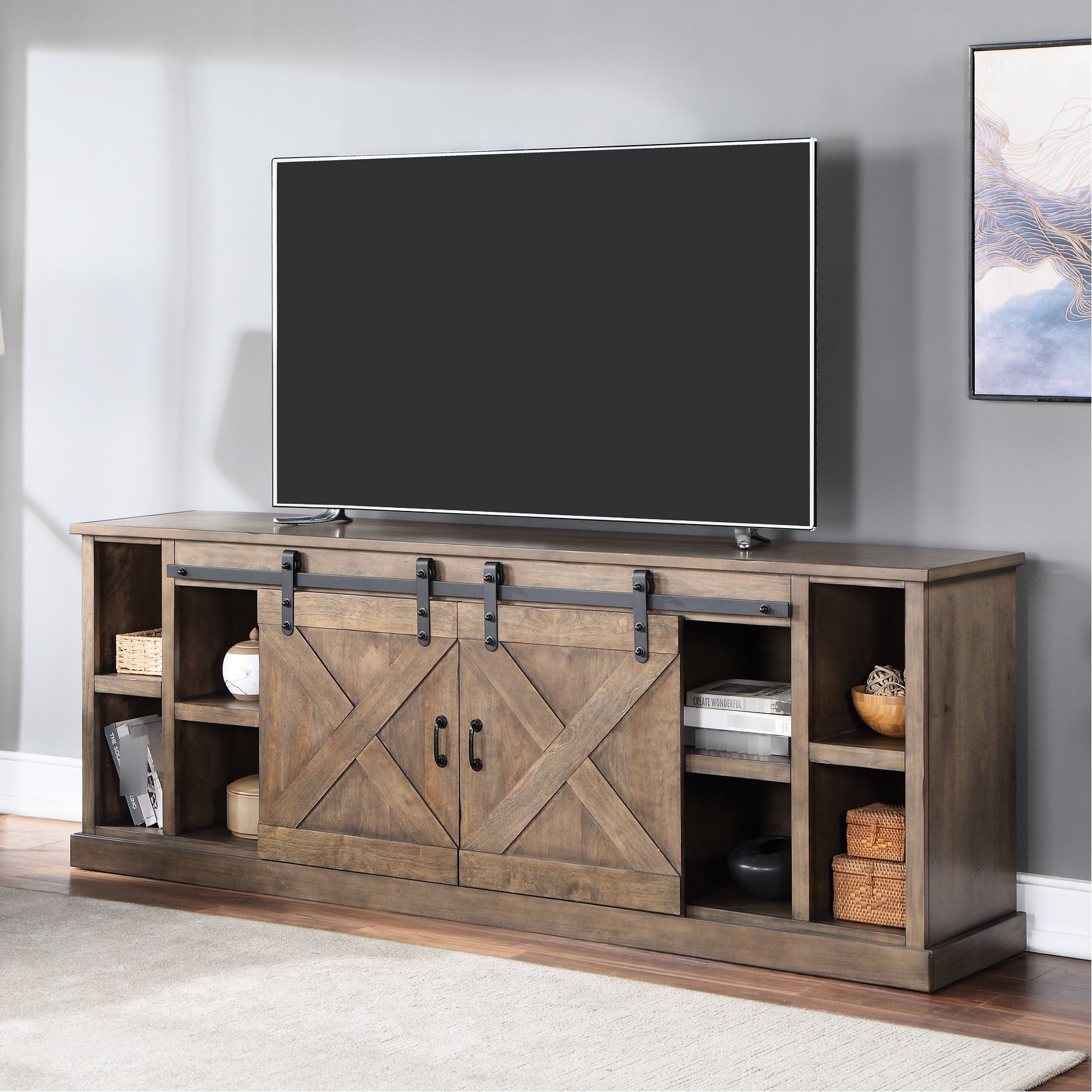 85" Tv Stand Console, No Assembly, Finish, 6 Shelves, Fits Up To 95 ...