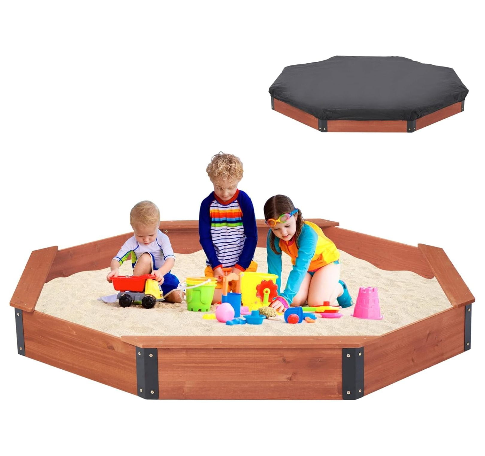 85''x78''x9'' Octagon Sandbox with Cover for Kids Outdoor Play, Wood ...
