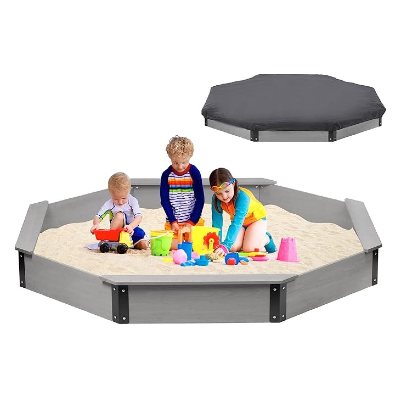 85''x78''x9'' Octagon Sandbox with Cover for Kids Outdoor Play, Wood ...