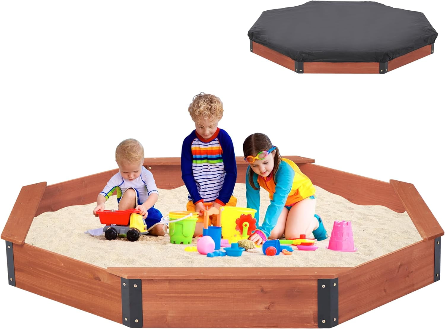 85''x78''x9'' Octagon Sandbox with Cover for Kids Outdoor Play, Wood ...