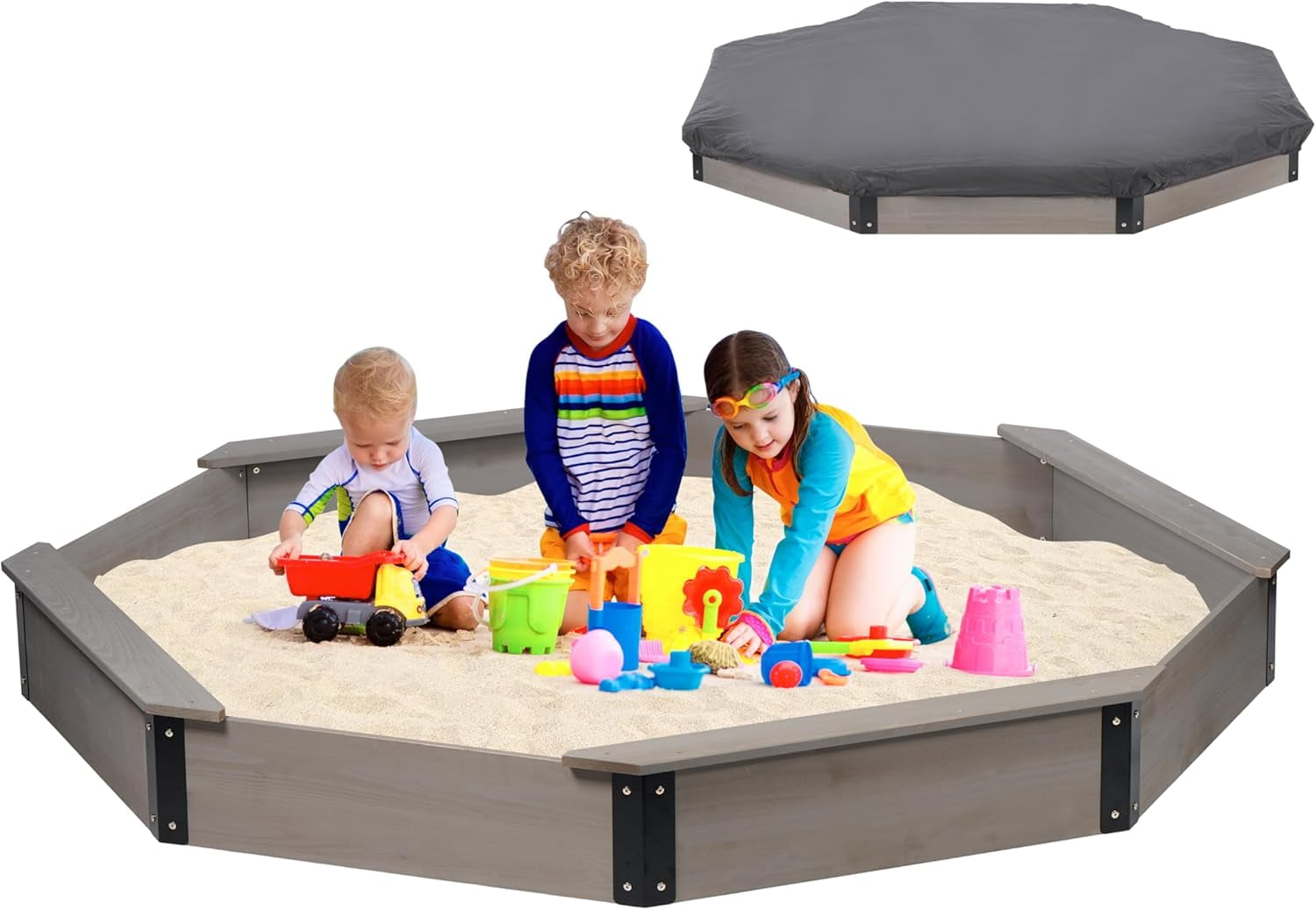 85''x78''x9'' Octagon Sandbox with Cover for Kids Outdoor Play, Wood Large Sandpit with 4 ...