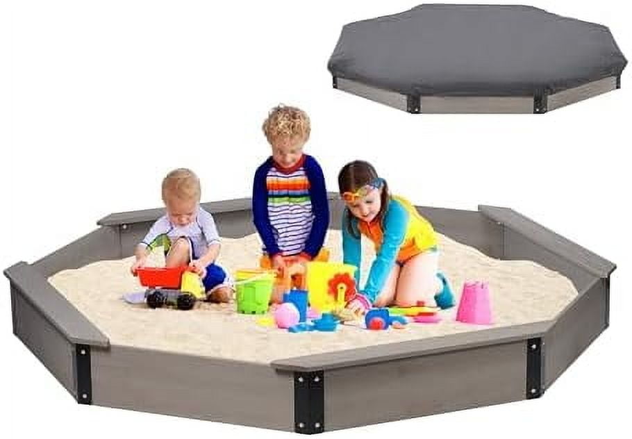 85''x78''x9'' Octagon Sandbox with Cover for Kids Outdoor Play, Wood Large Sandpit with 4 ...