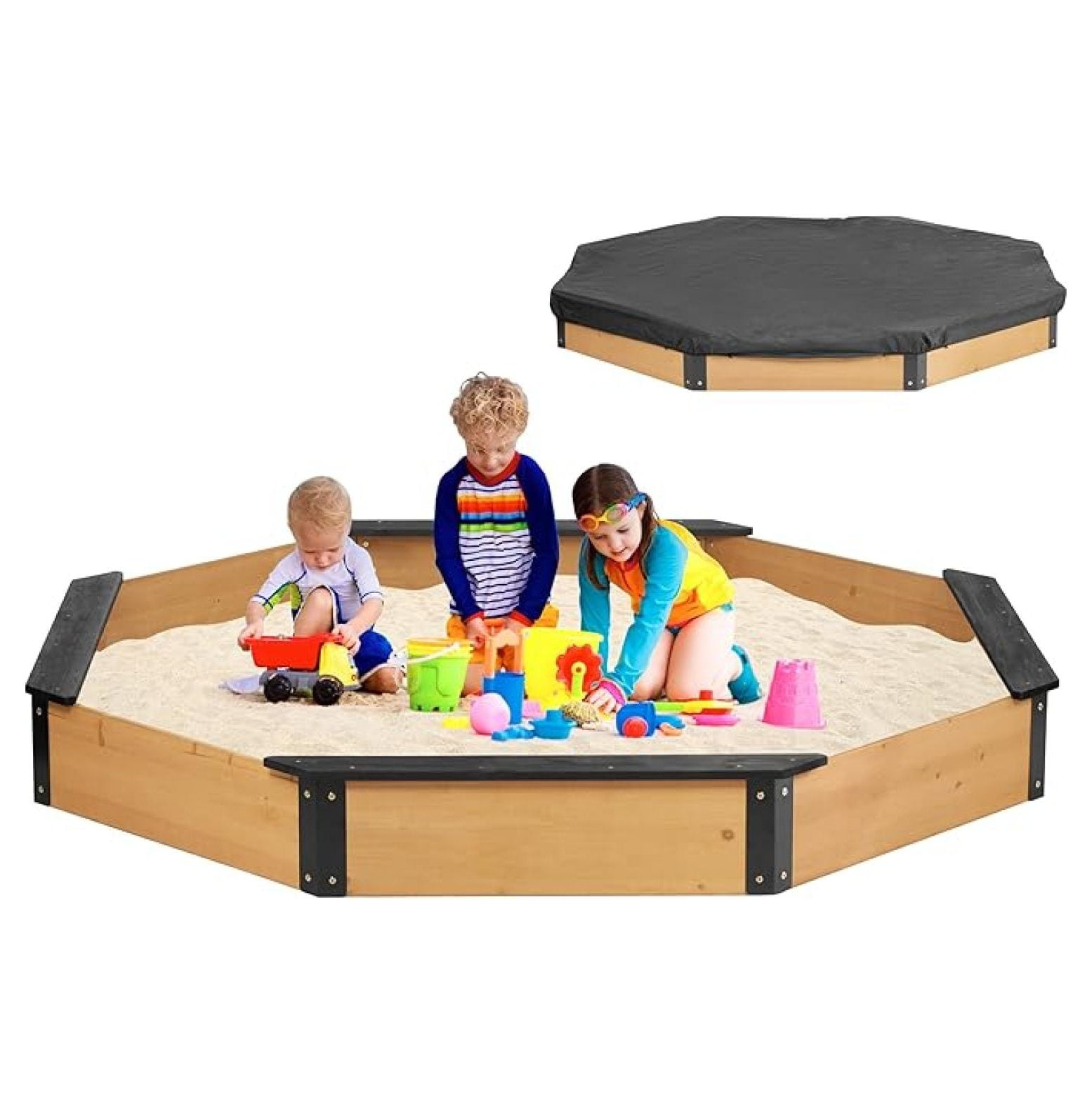 85''x78''x9'' Octagon Sandbox with Cover for Kids Outdoor Play, Wood ...