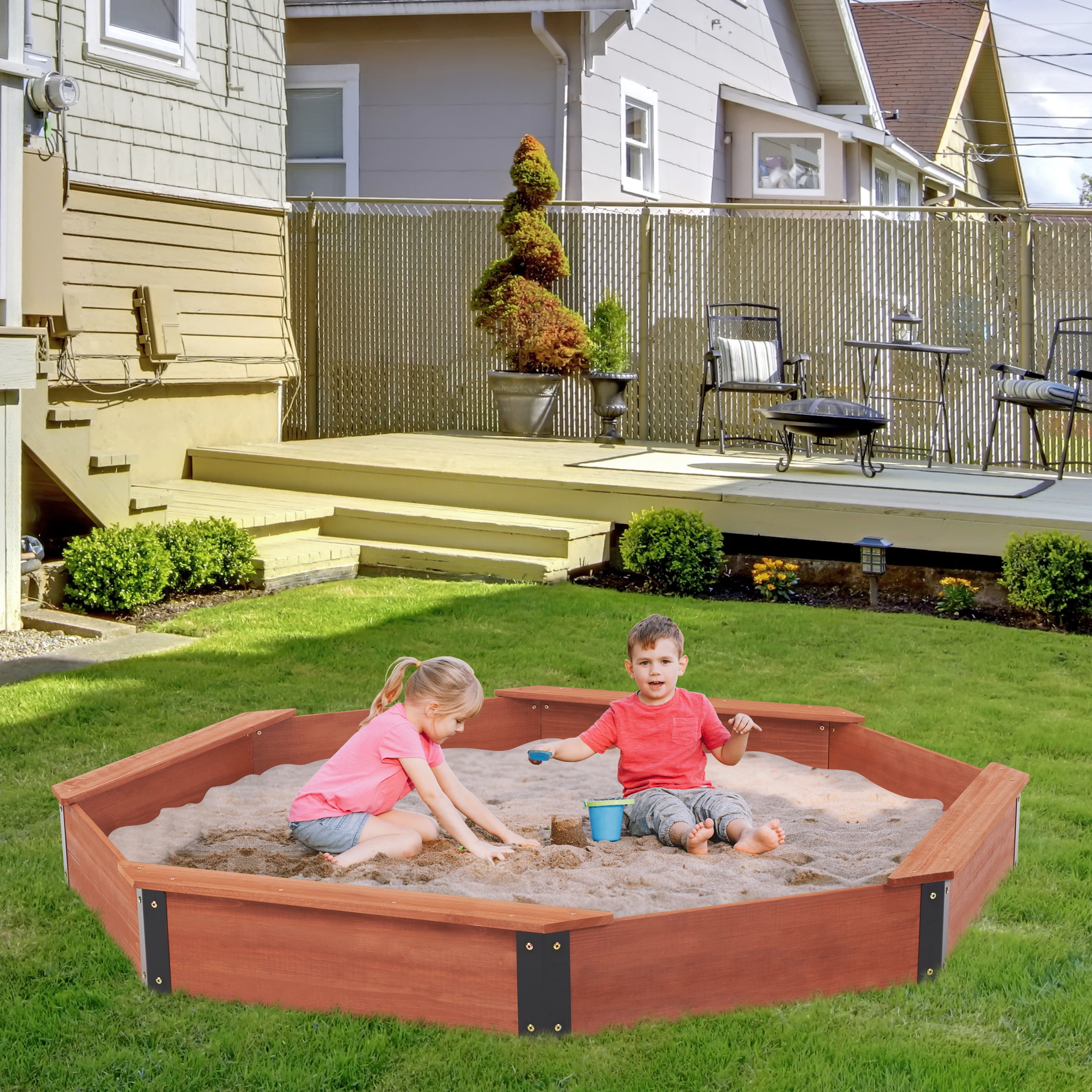 85''x78''x9'' Octagon Sandbox with Cover for Kids Outdoor Play, Wood ...