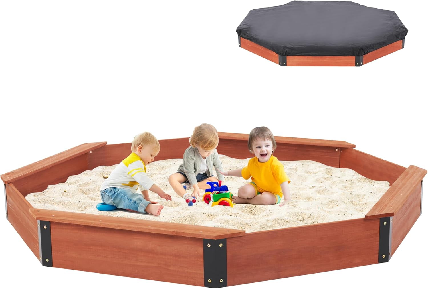 85''x78''x9'' Wooden Octagon Sandbox with Cover, Large Sandpit for Kids ...