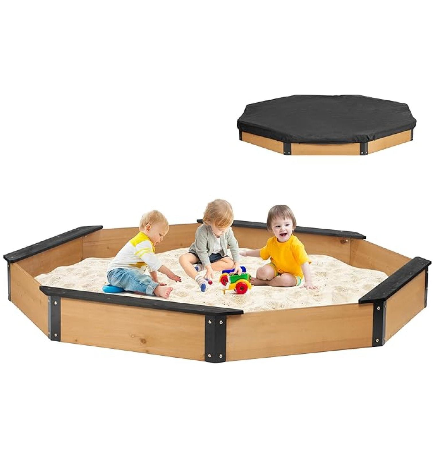 85''x78''x9'' Wooden Octagon Sandbox with Cover, Large Sandpit for Kids ...