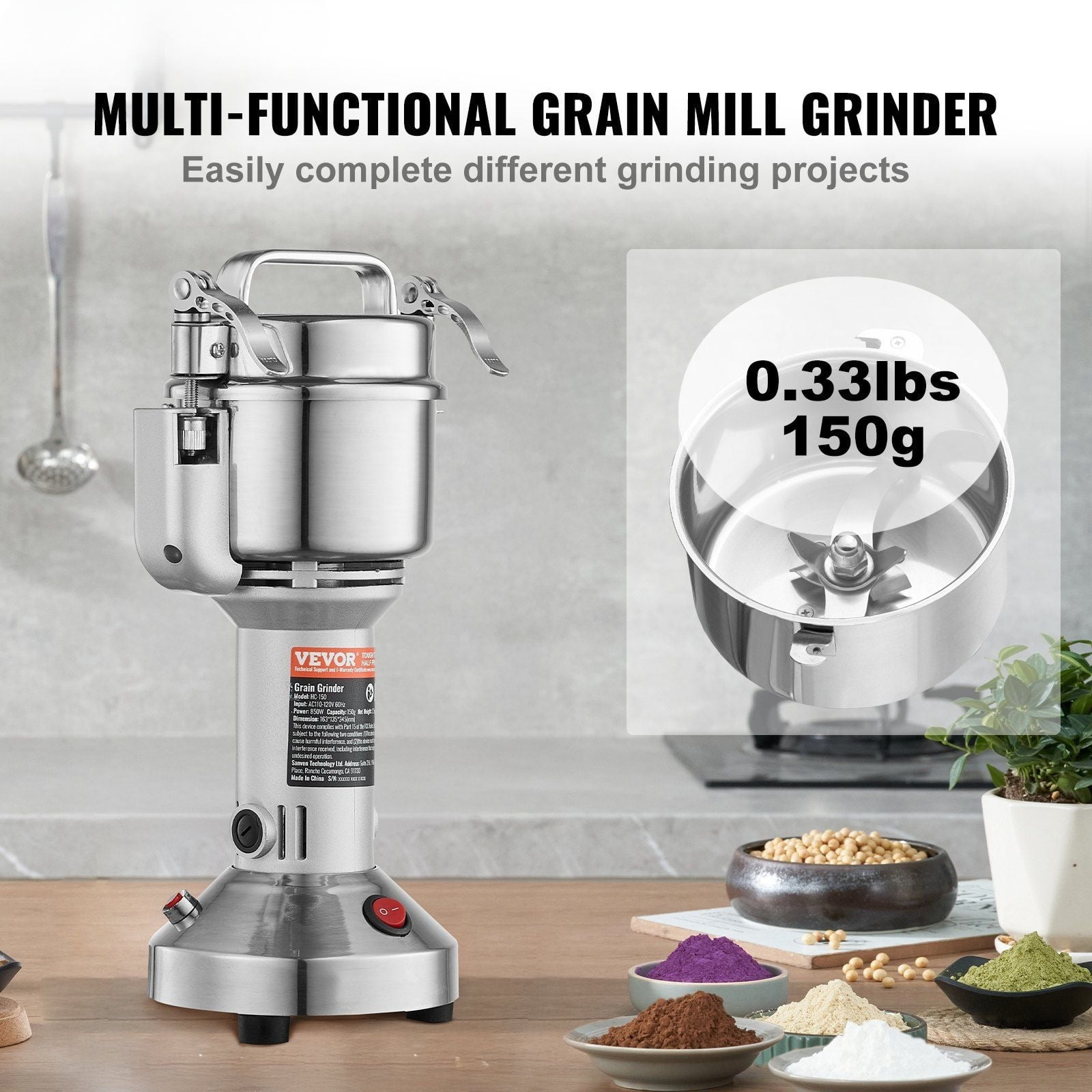850W High-Speed Commercial Electric Grain Mill Grinder, Straight-Type ...