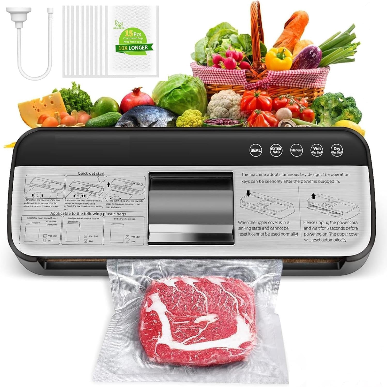85KPa Vacuum Sealer Machine, - Automatic Sealer with 15 Bags, Dry/Moist ...
