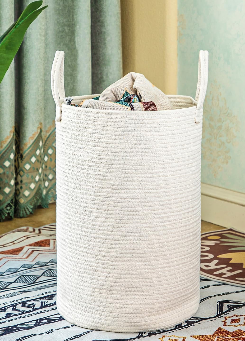 85L Oversize Woven Laundry Basket with Handles,Collapsible Cotton Rope ...