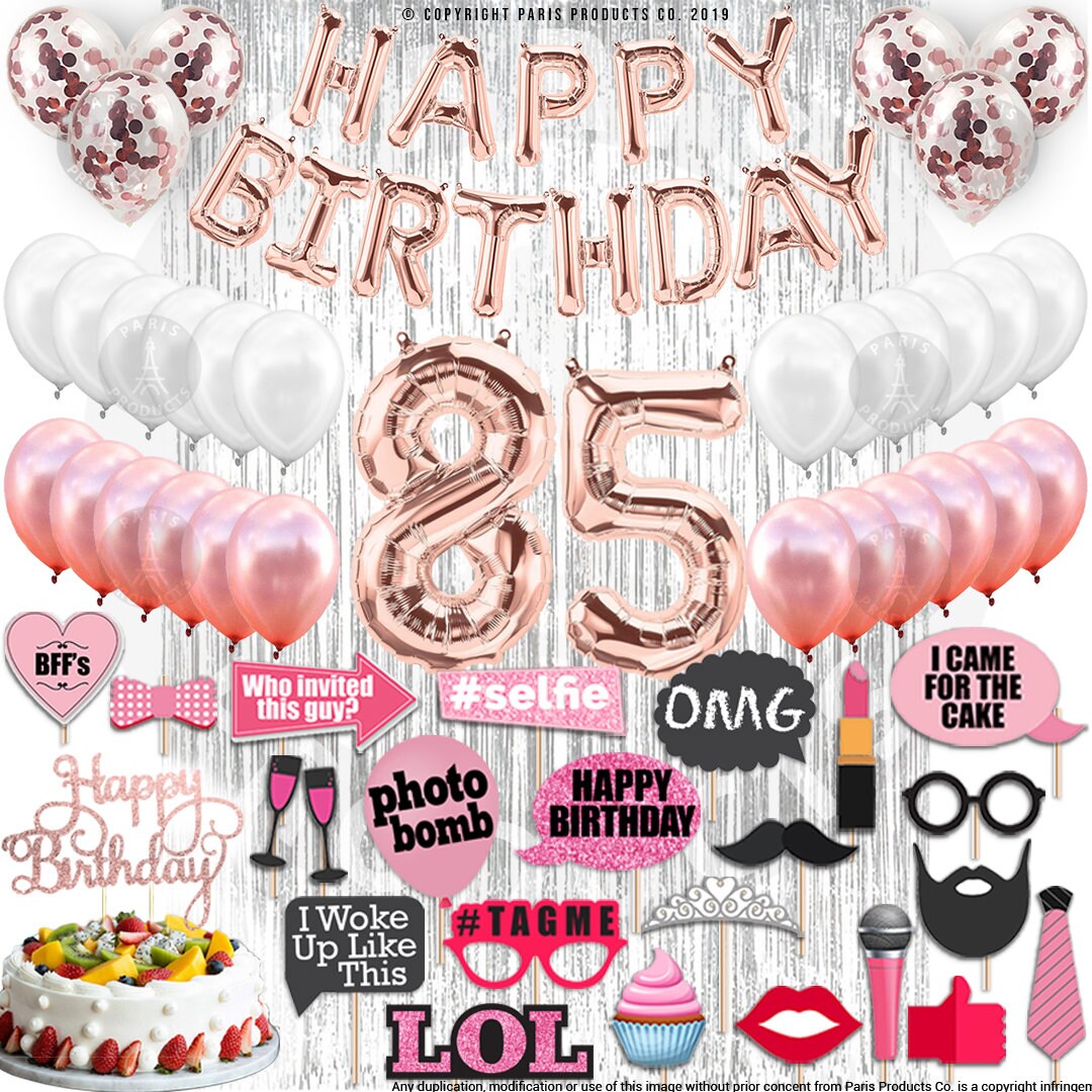 85th Birthday Decoration Rose Gold with Silver Curtain, 85 Party ...