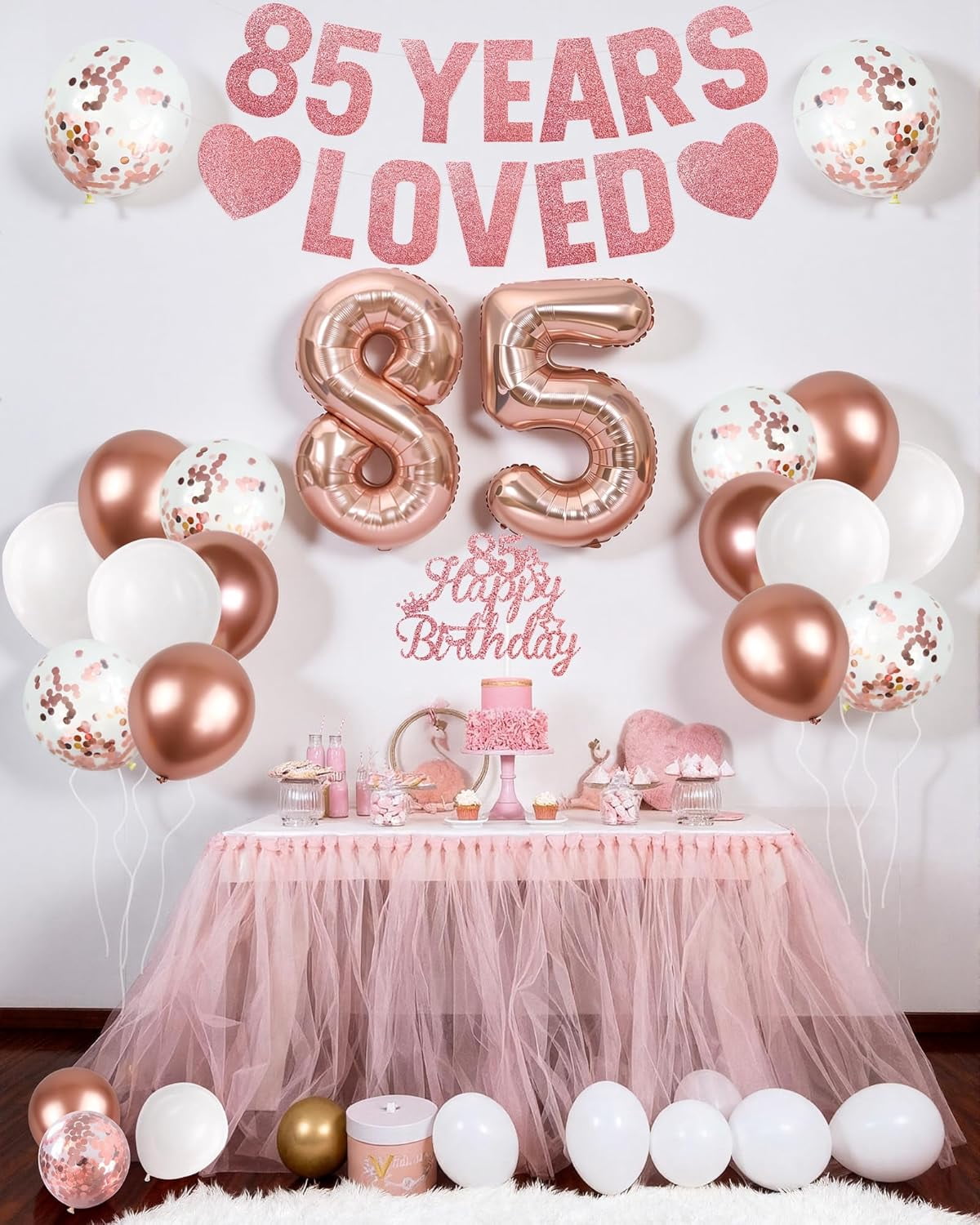 85th Birthday Decorations for Women – Rose Gold “85 Years Loved” Banner ...
