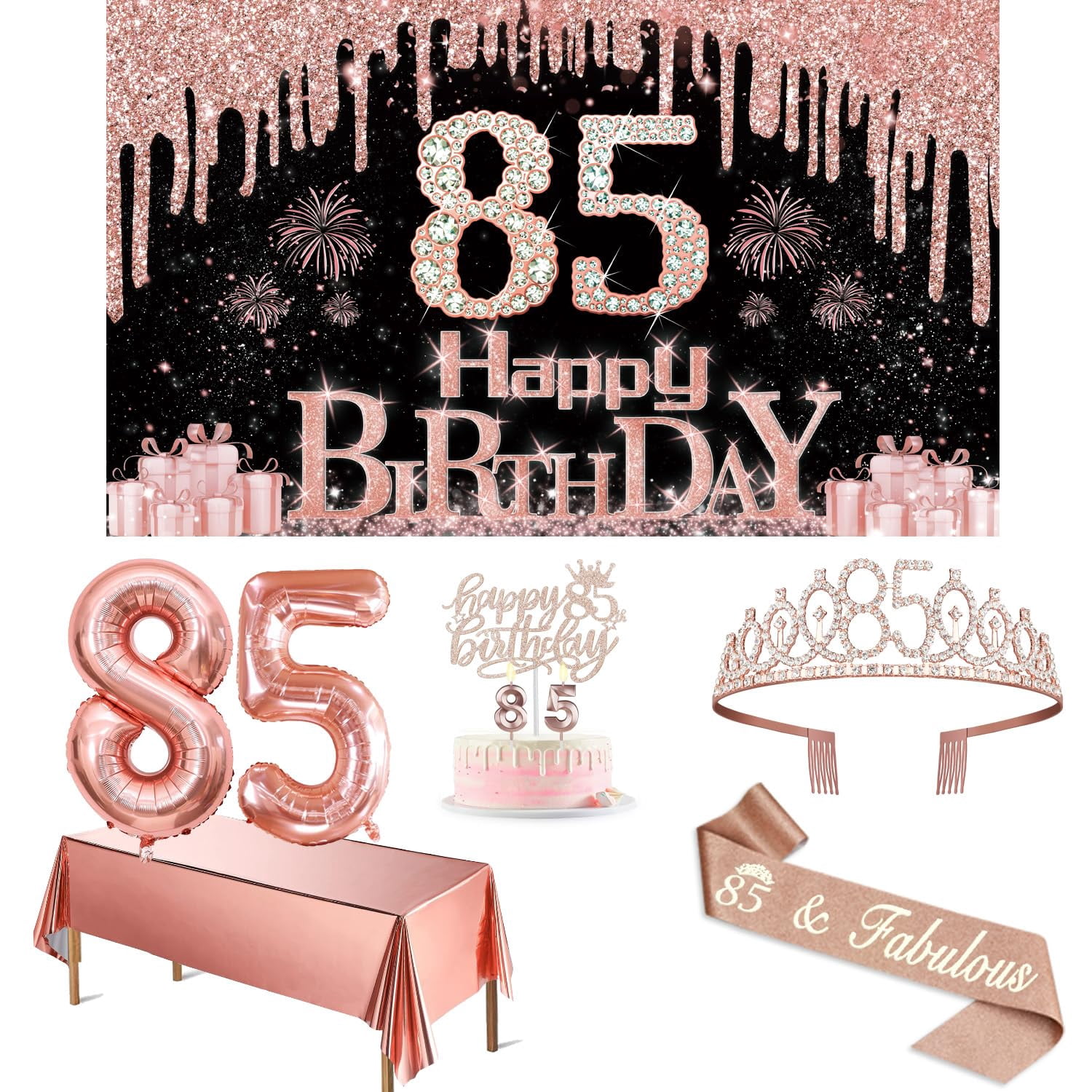 85th Birthday Party Decorations SSF20 with Banner, Rose Gold Tablecloth ...