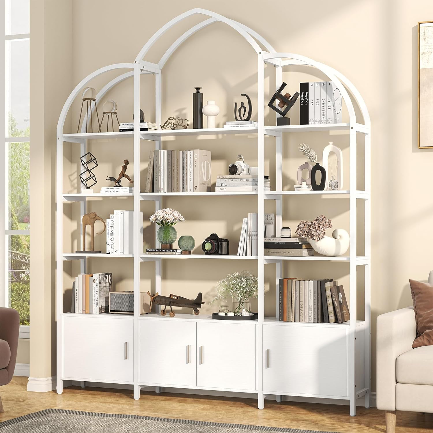 86" Gold Bookshelf Triple Wide 5 Tier Arched Bookshelves & with Storage ...