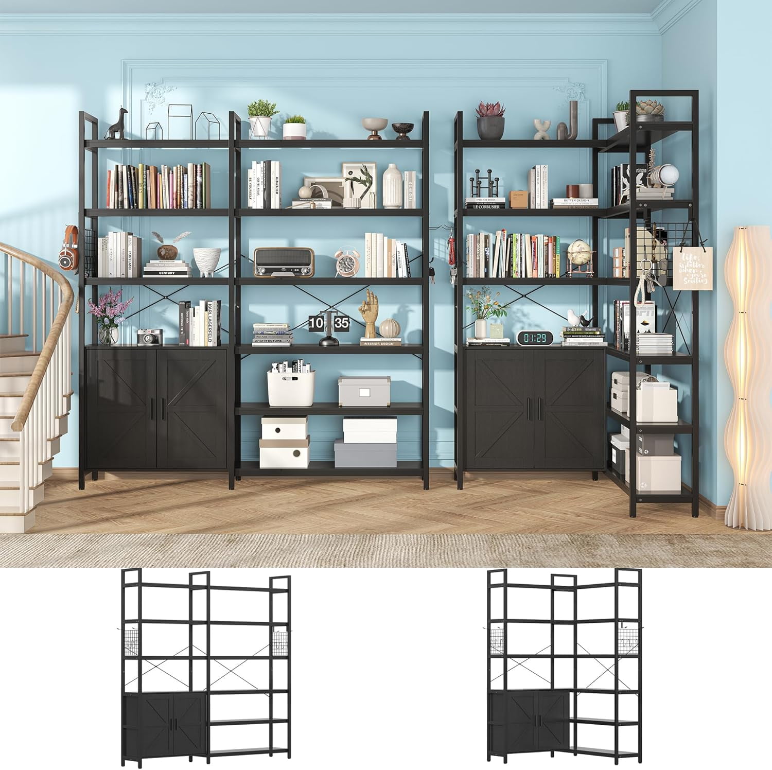 86" Gold Bookshelf Triple Wide 5 Tier Arched Bookshelves & with Storage ...