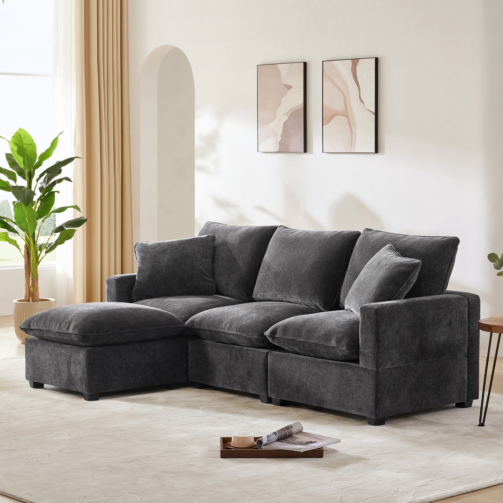 86*57" Modern Modular Sofa, 4 Seat Chenille Sectional Couch Set with 2 ...
