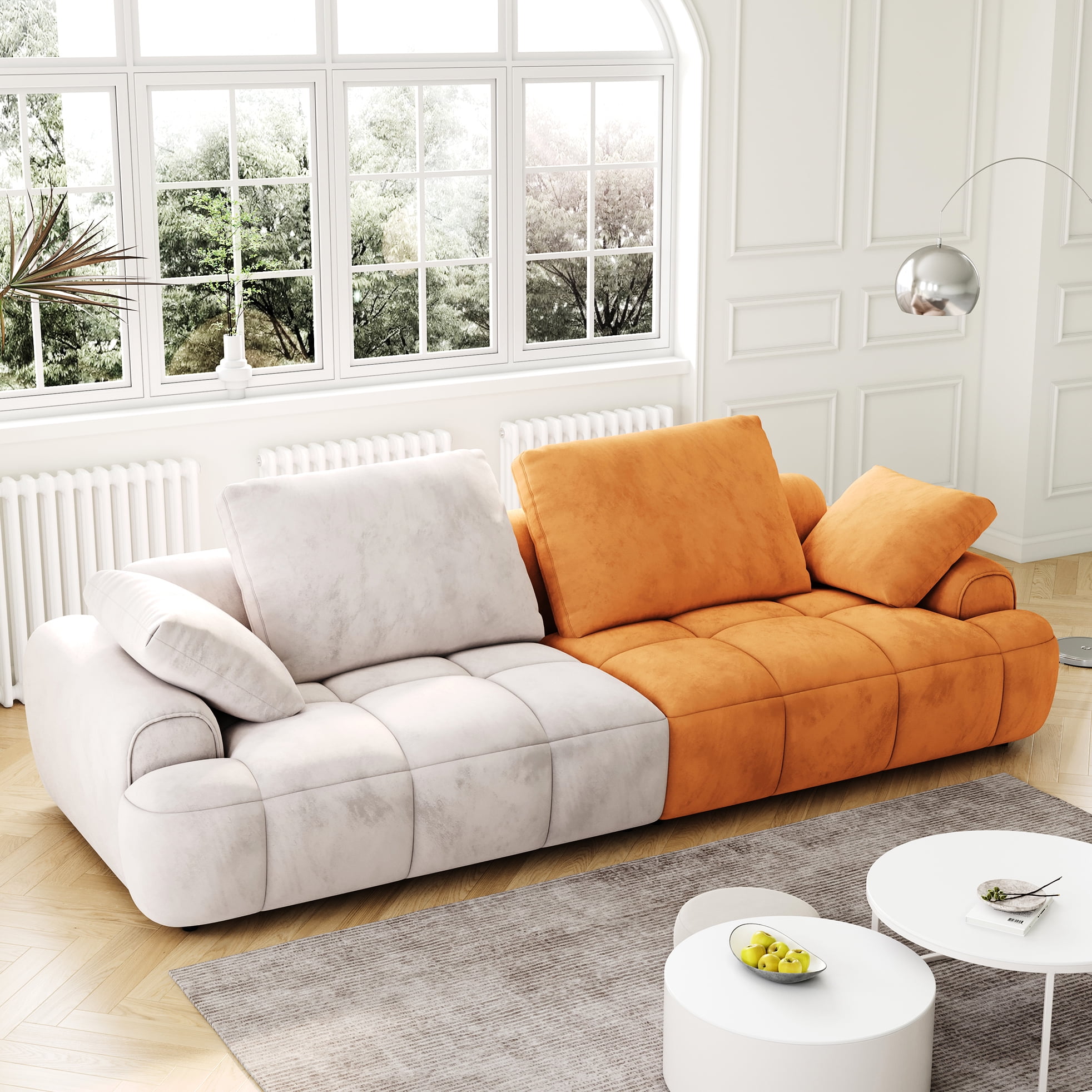 86.6" Big Two Seat Chair, Modern Gray And Yellow Suede Upholstered ...