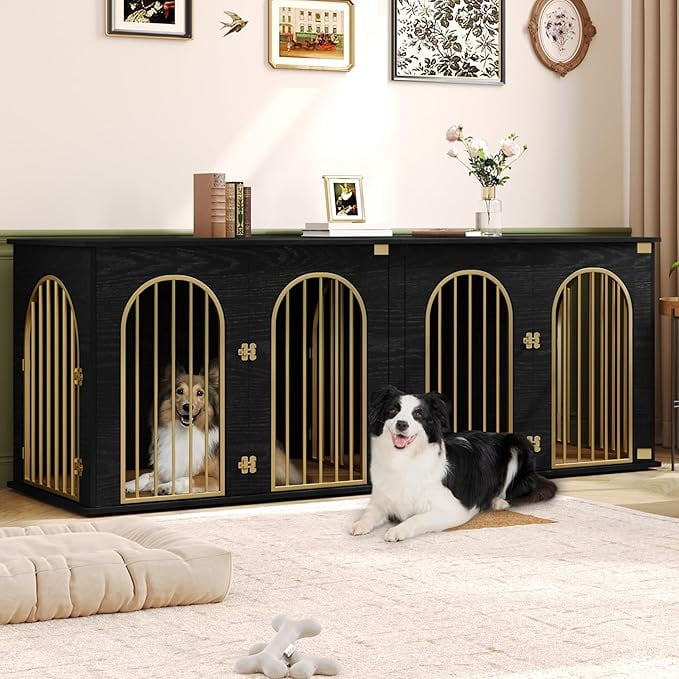 86.6" Dog Crate Furniture for 2 Dogs, Heavy Duty Wooden Kennel with ...