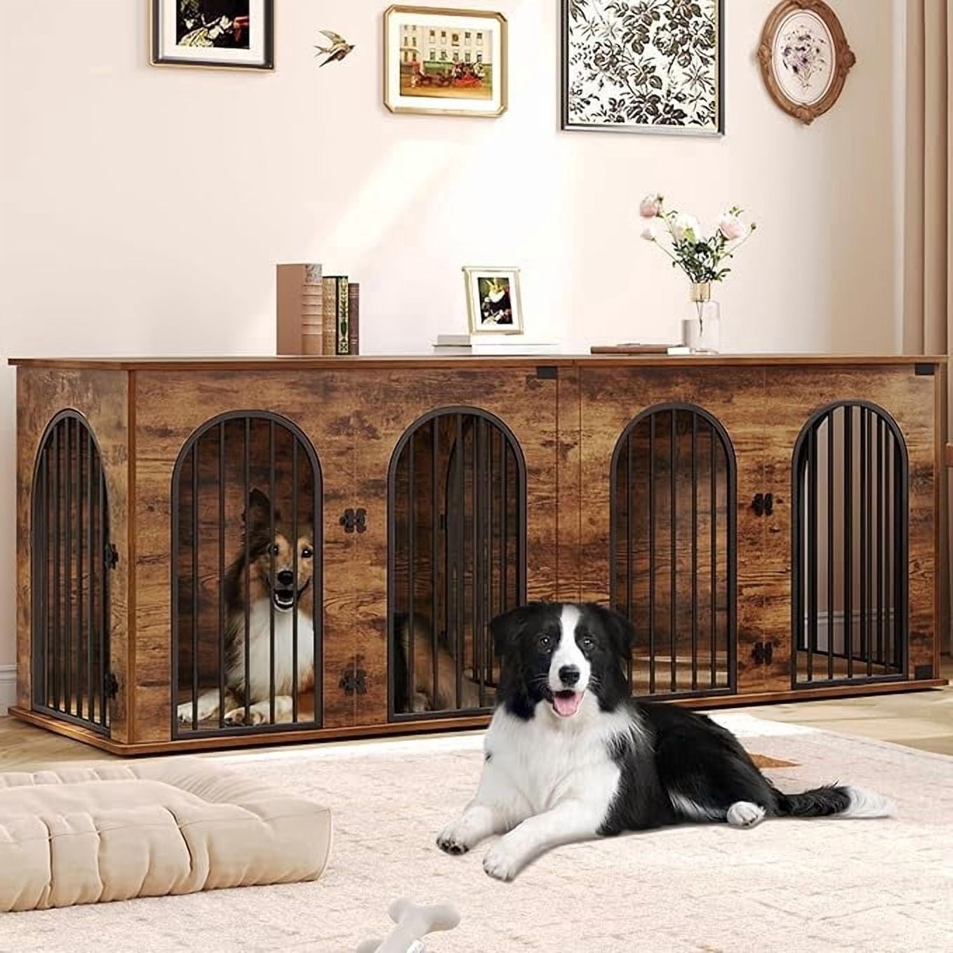 86.6" Dog Crate Furniture for 2 Dogs, Heavy Duty Wooden Kennel with ...