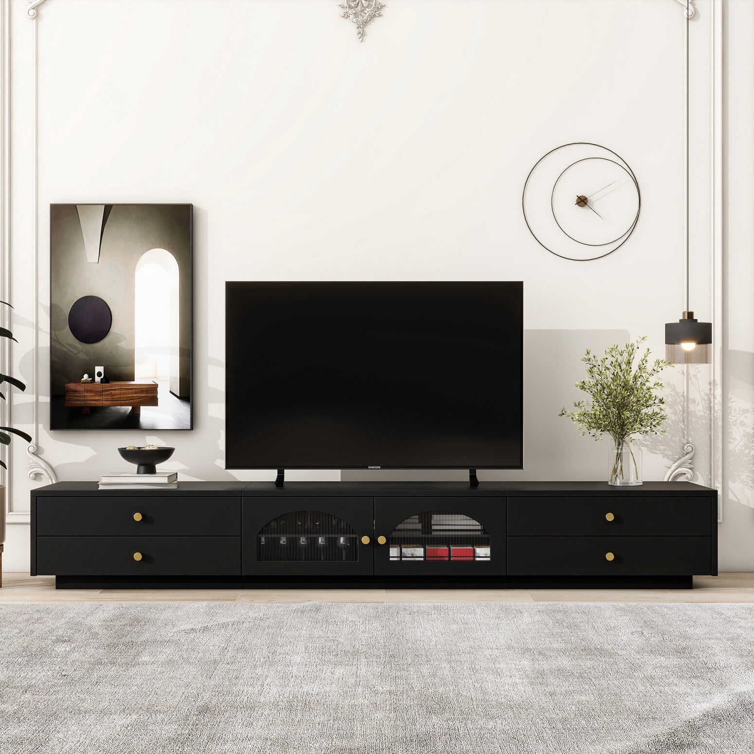 86.6-Inch Luxurious TV Stand, Elegant Media Console with Fluted Glass ...